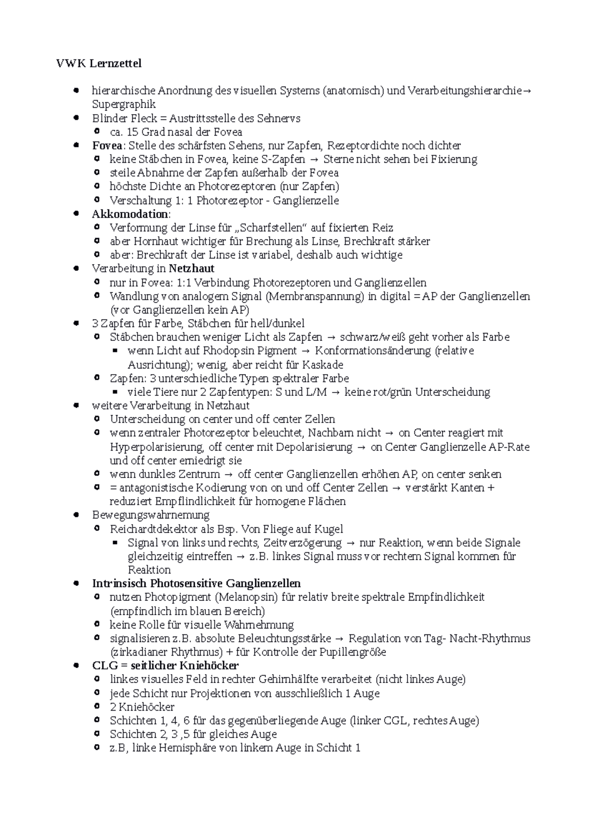 VWK Lernzettel - Zusammenfassung Visuelle Wahrnehmung und Kognition ...