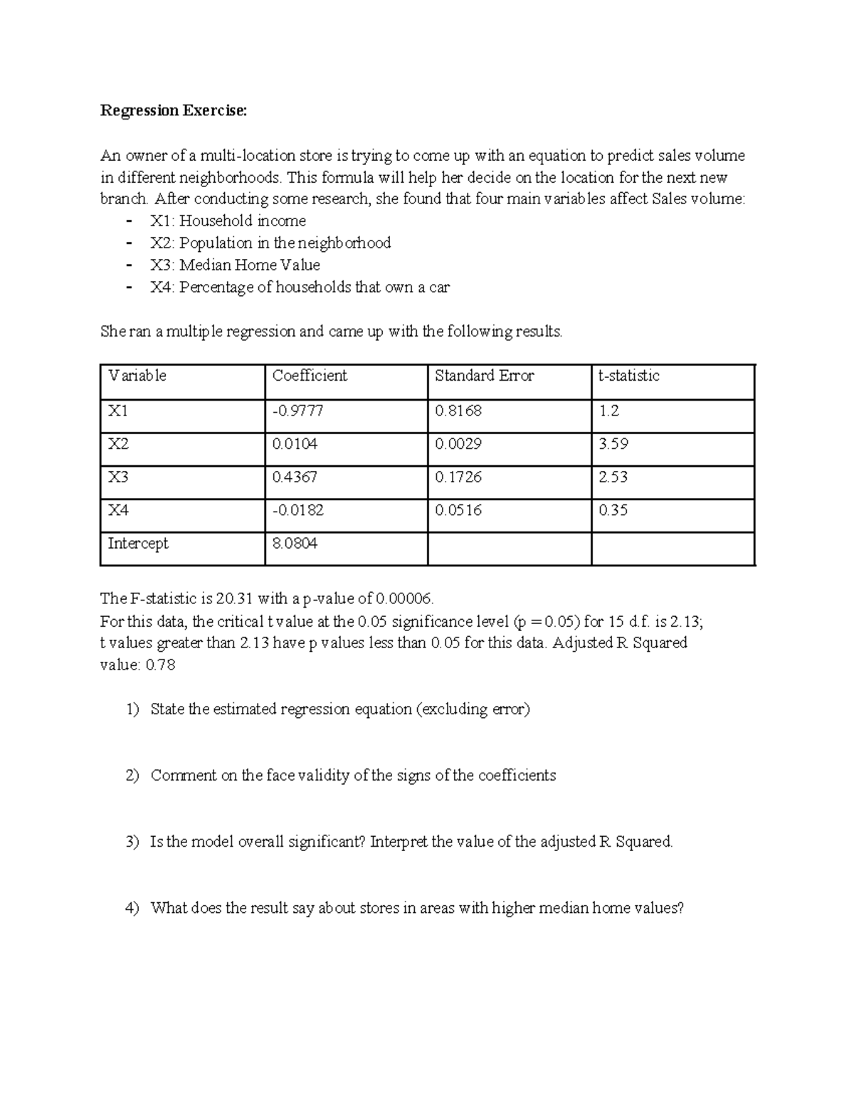 Problem- Regression - Regression Exercise: An owner of a multi-location store is trying to come ...