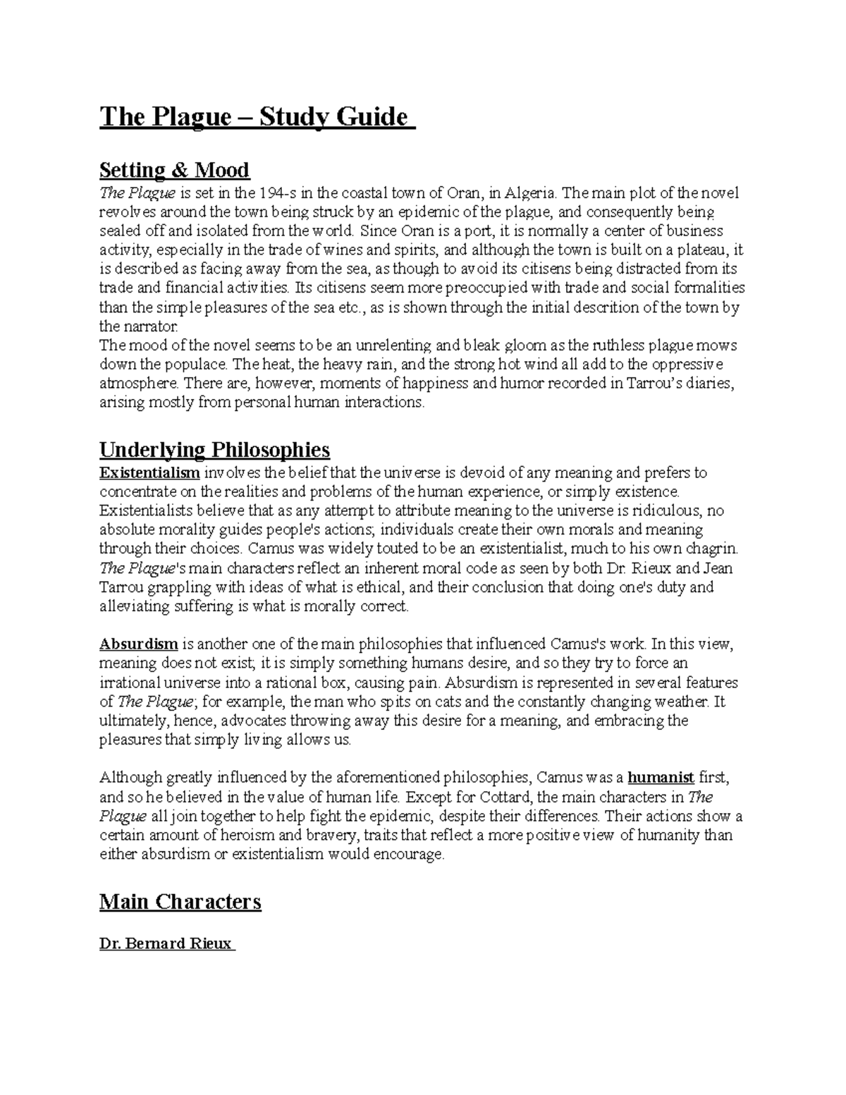 The Plague Study Guide - The Plague – Study Guide Setting & Mood The ...