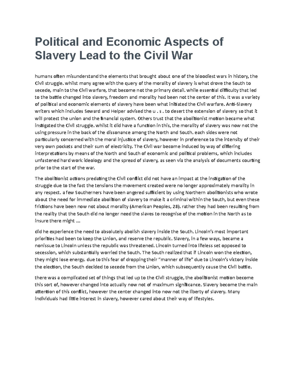 Political and Economic Aspects of Slavery Lead to the Civil War ...