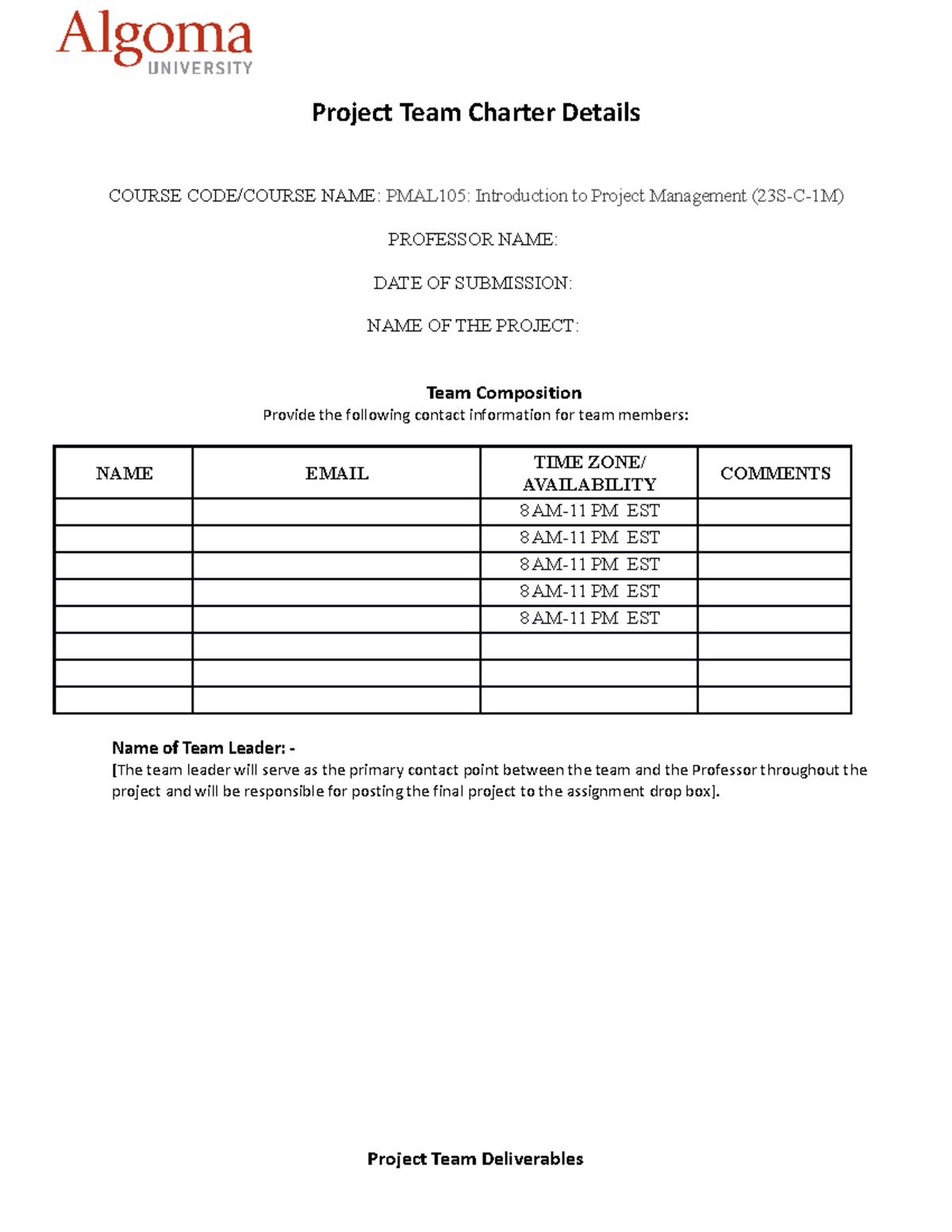 PMAL105 Project Team Charter - Project Team Charter Details COURSE CODE ...