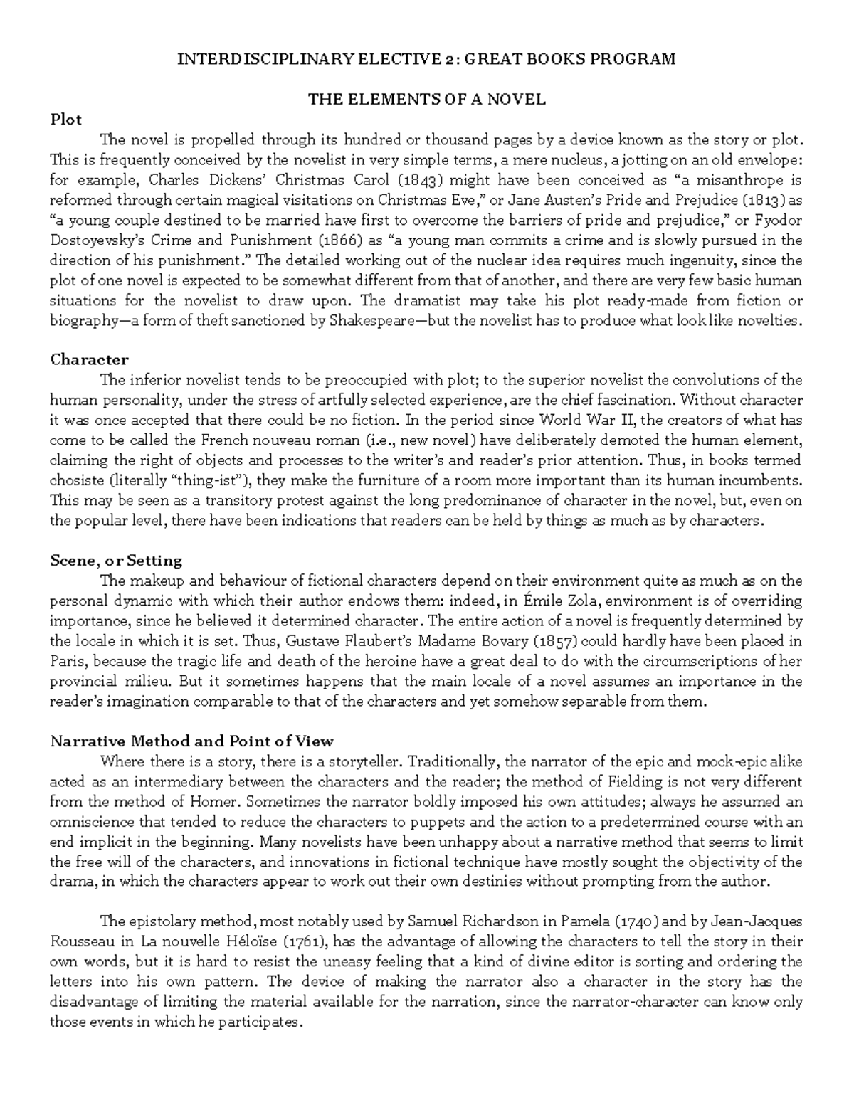 The Elements of a Novel Interdisciplinary Elective 2 Great Books Program - INTERDISCIPLINARY ...