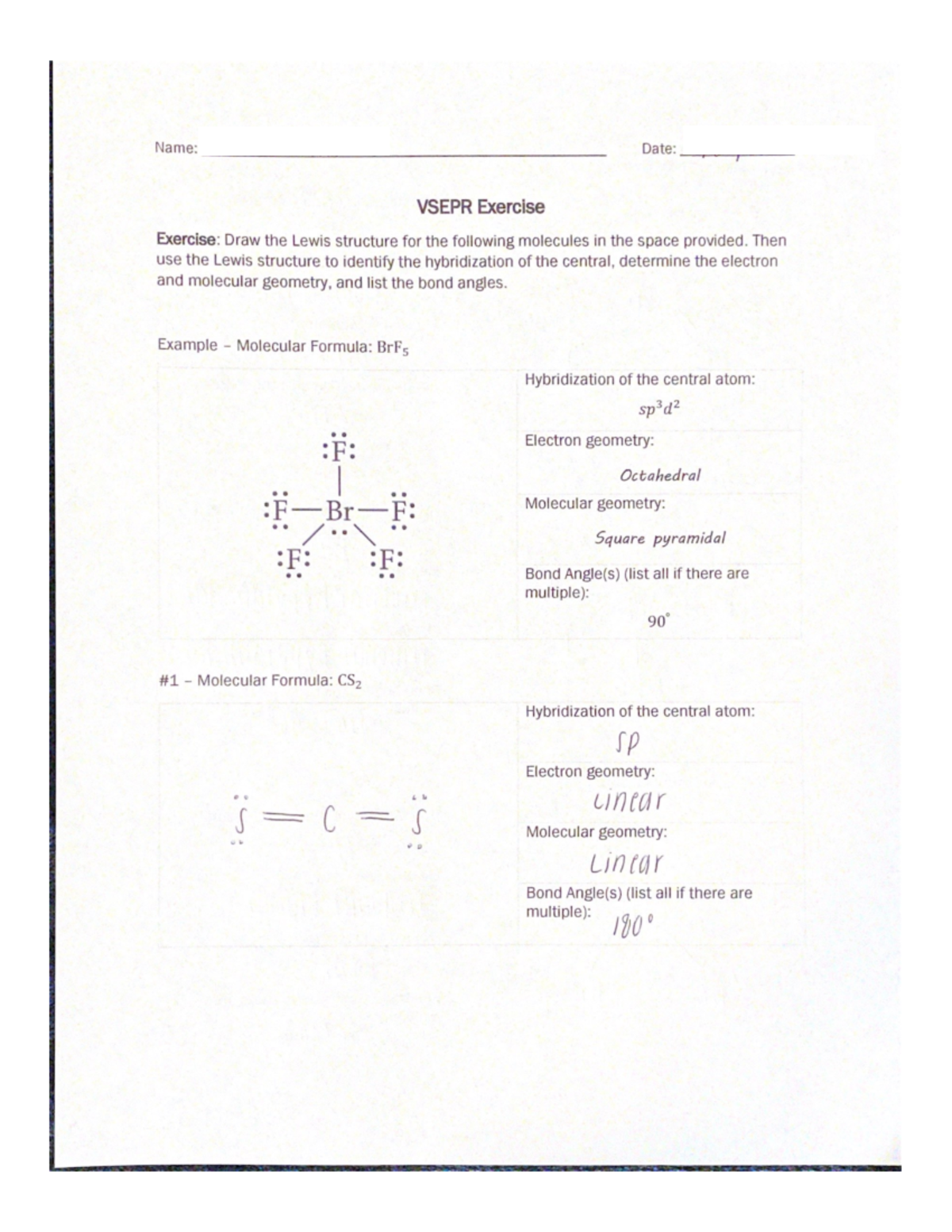 Vsepr Exercise (Redacted) - CHEM 1310 - Studocu
