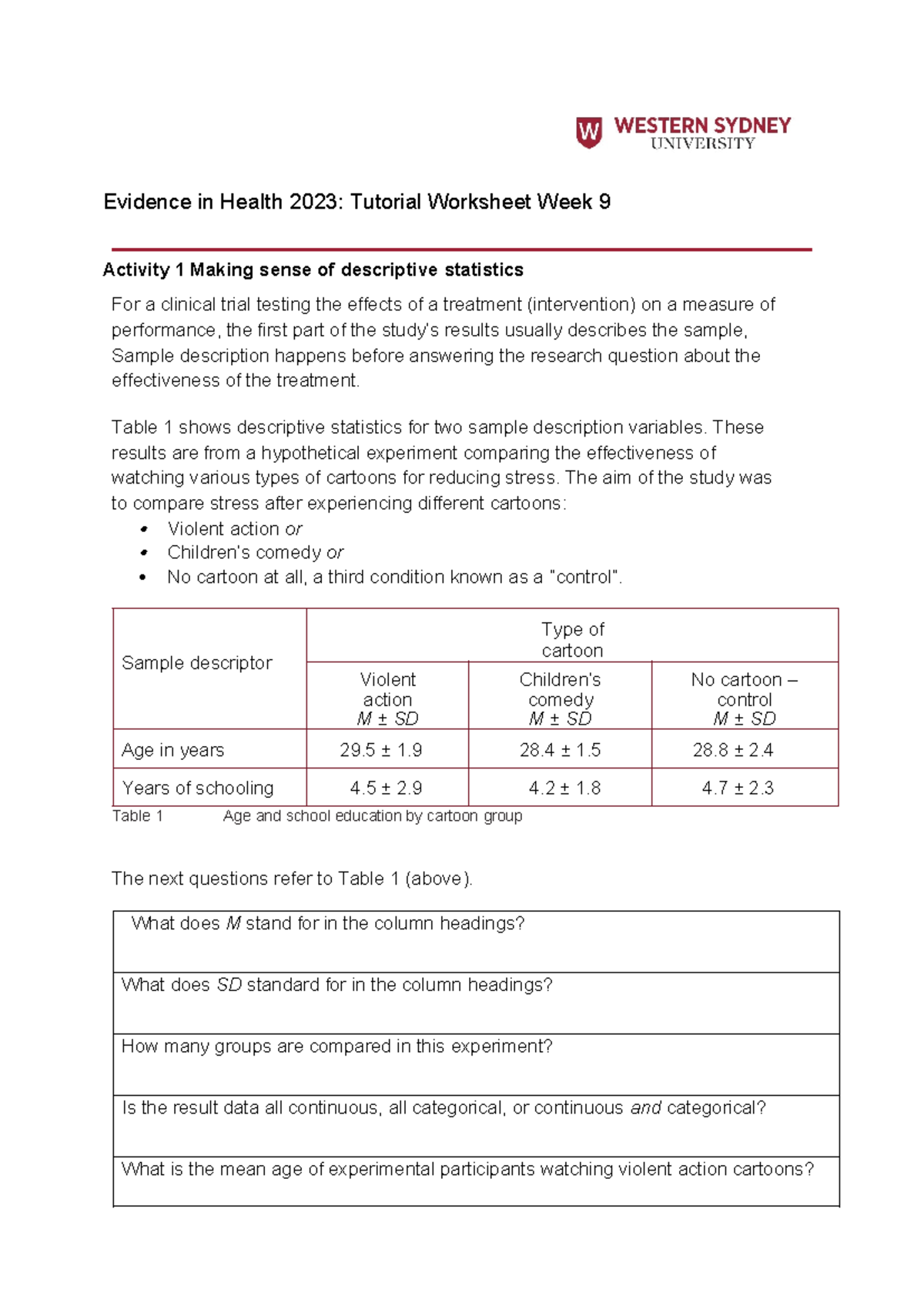 HLTH1012 EIH 2023 Worksheet Week 9 - Evidence in Health 2023: Tutorial ...