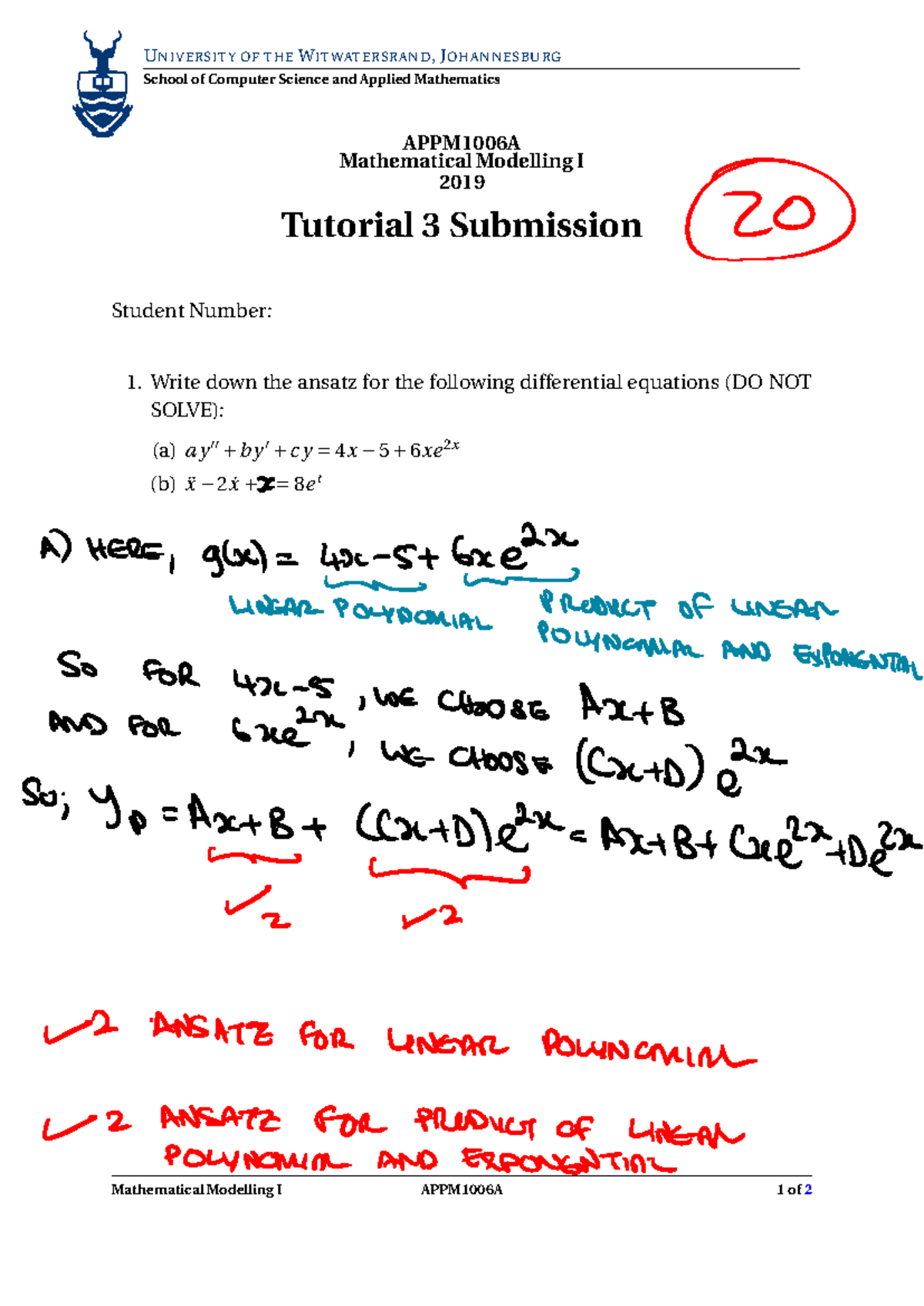Tutorial 3 Submission Solution - U NIVERSITY OF THE W ITWATERSRAND , J ...