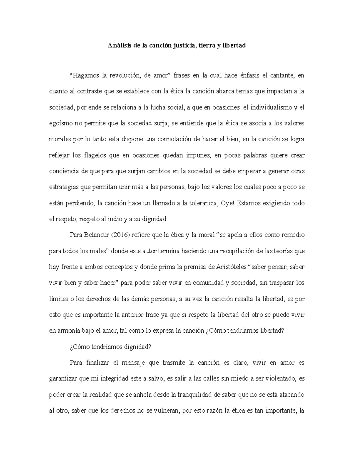 Analisis cancion tgy6 - Análisis de la canción justicia, tierra y ...