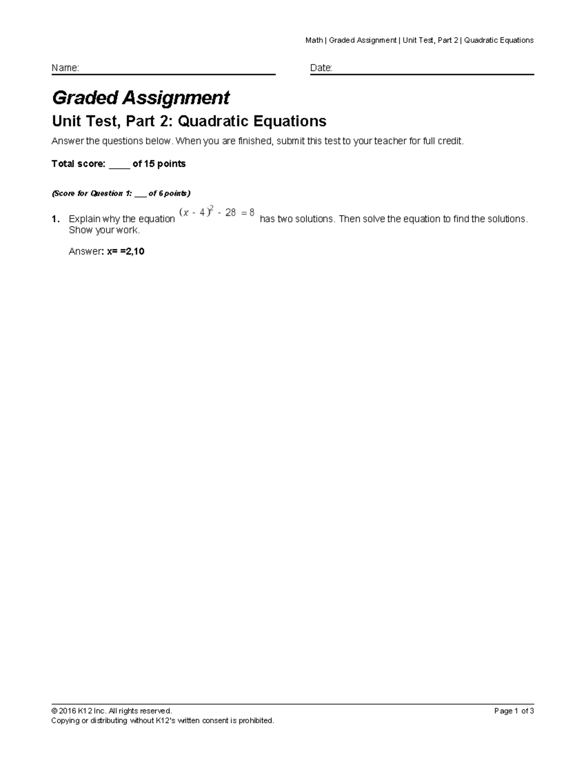 Xtra math - Math | Graded Assignment | Unit Test, Part 2 | Quadratic ...