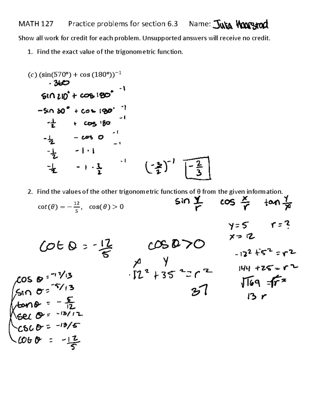 WS+6 - Work sheets from 127 section 6 - MATH 127 Practice problems for section 6 Name: Show all ...