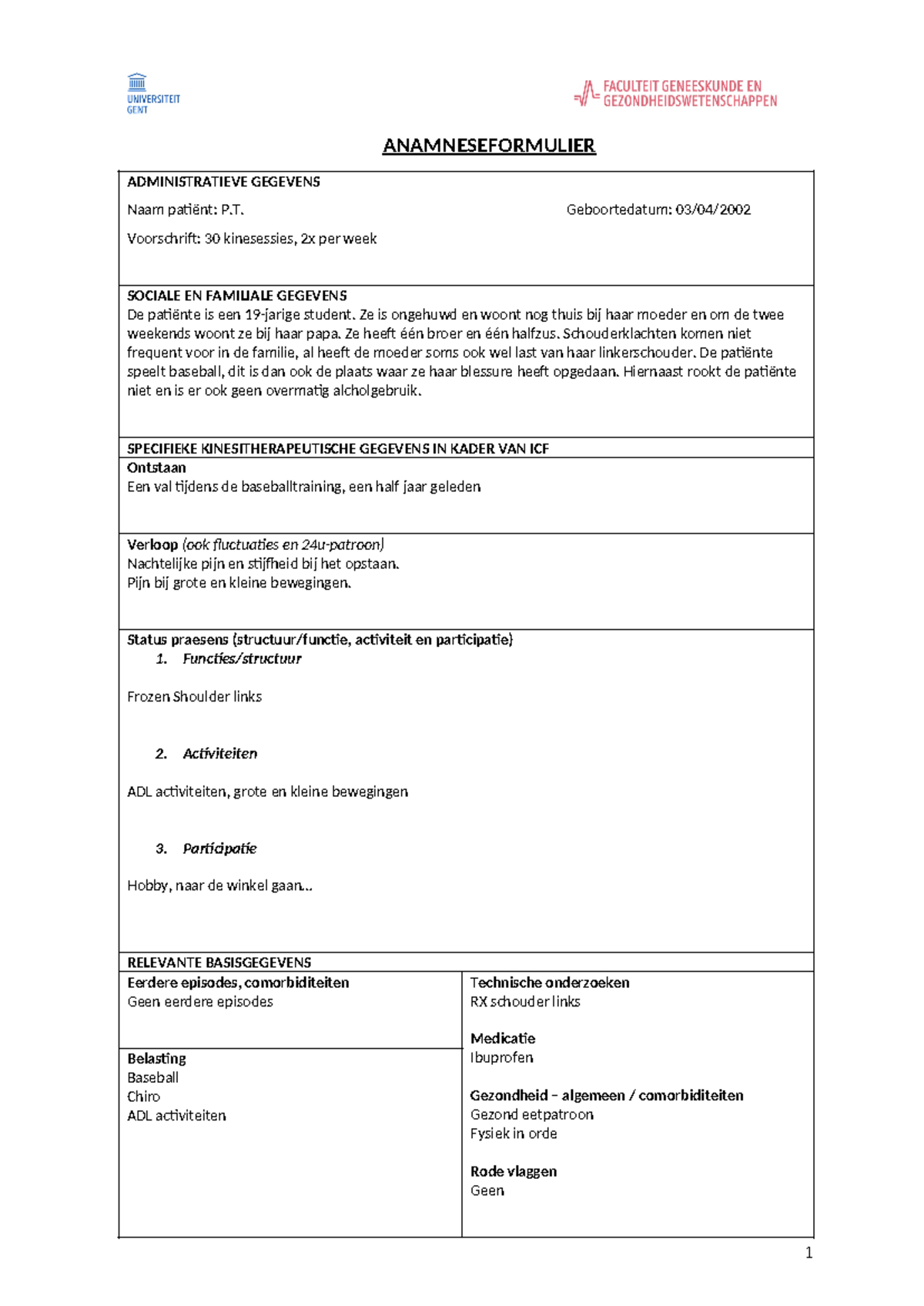 Anamnese taak E=M - ANAMNESEFORMULIER ADMINISTRATIEVE GEGEVENS Naam ...