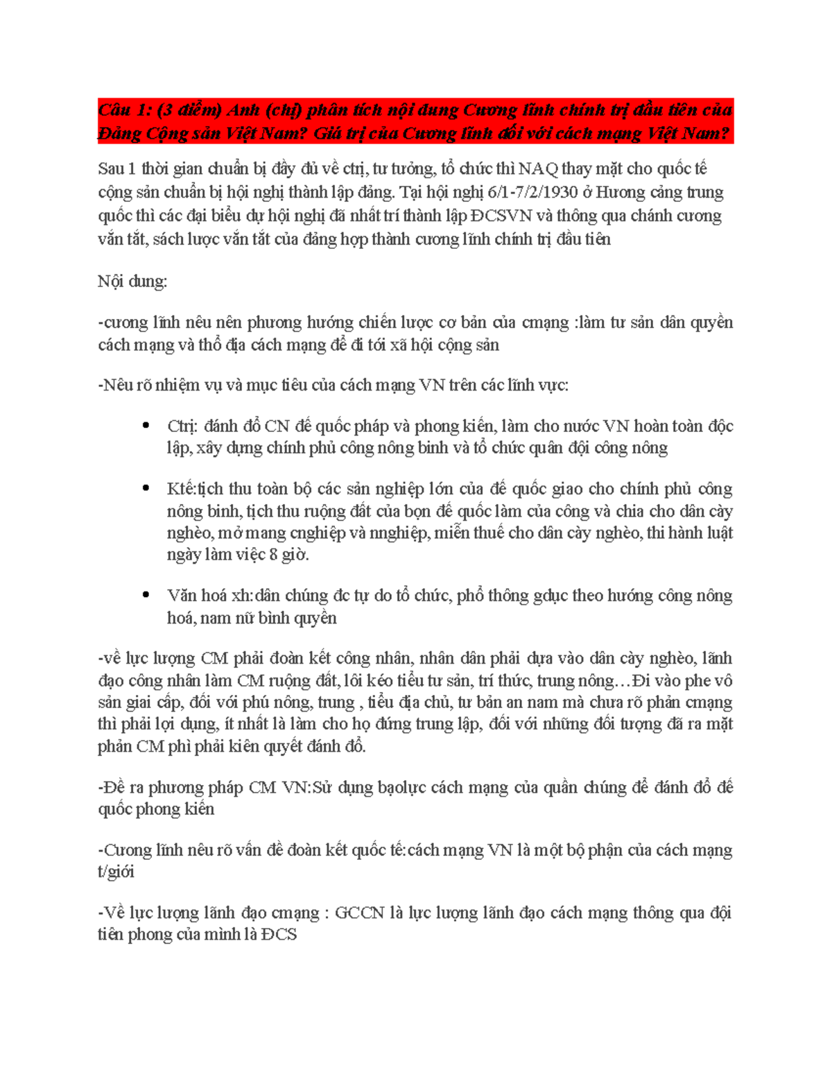 ÔN THI TX1 LSD - lịch sử đảng - Câu 1: (3 điểm) Anh (chị) phân tích nội dung Cương lĩnh chính ...