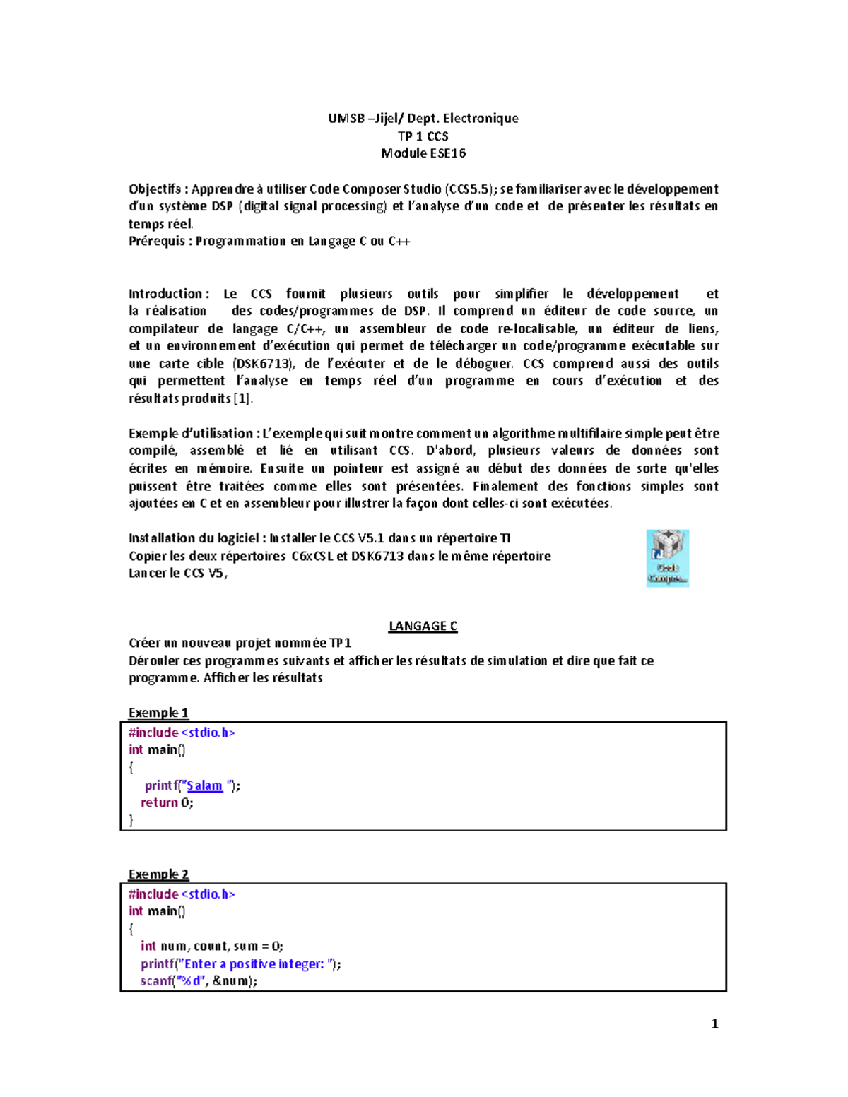TP Processeurs des signaux numériques - 1 UMSB –Jijel/ Dept ...