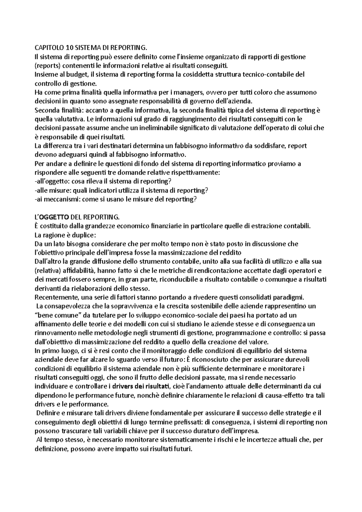 Capitolo 10 - riassunto esame - CAPITOLO 10 SISTEMA DI REPORTING. Il ...