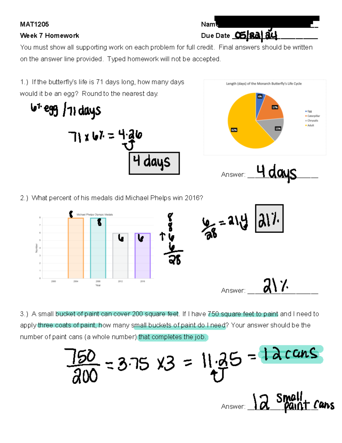 Math-1205 week 7 - Math homework week 7 - MAT1205 Name __________________________ Week 7 ...