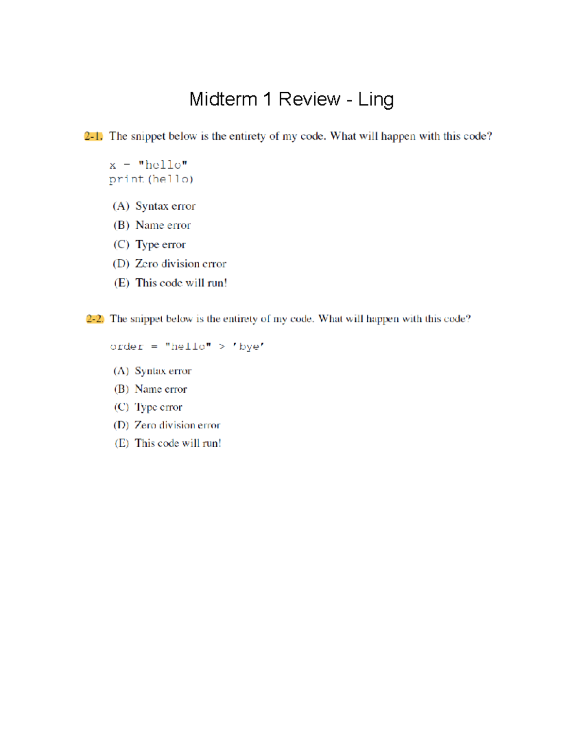 MidTerm Review 1 - Comp 202 - Midterm 1 Review - Ling - Studocu