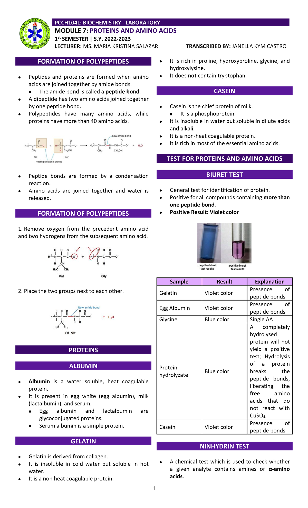 Biochem-LAB Trans- Final - PCCH104L: BIOCHEMISTRY - LABORATORY MODULE 7 ...