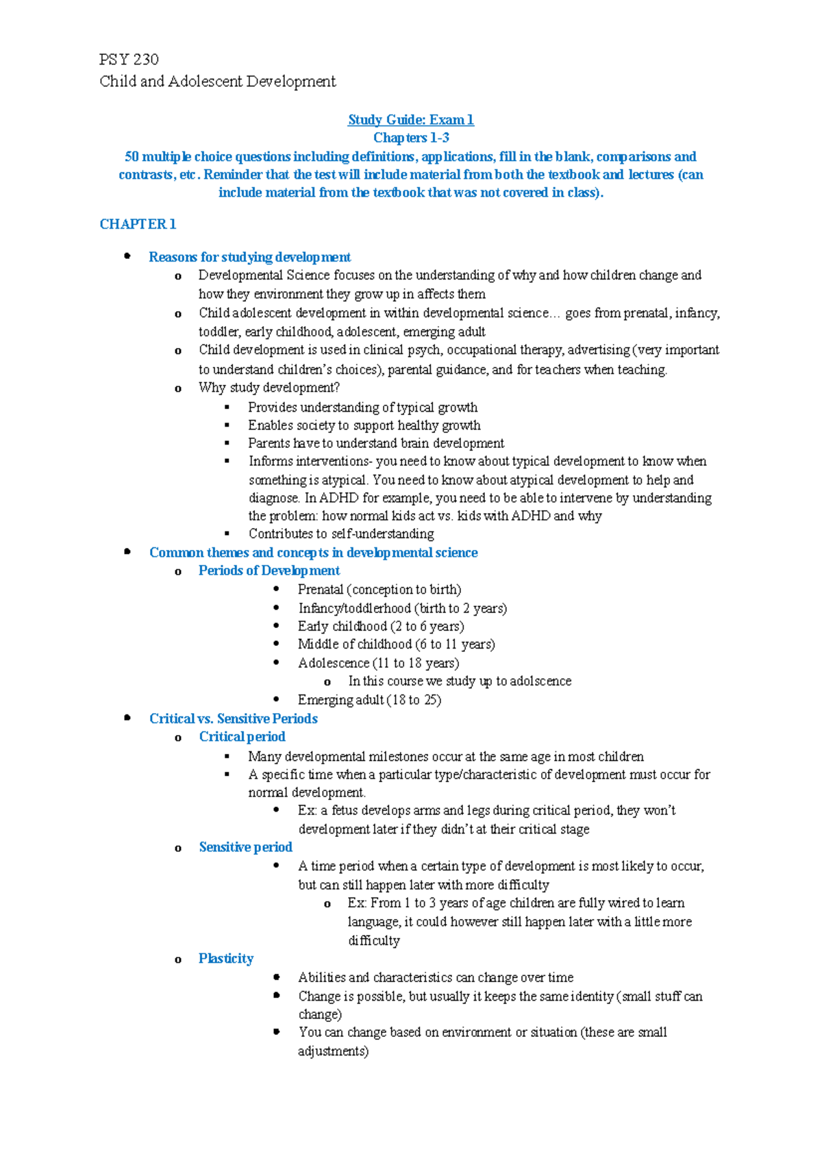 PSY 230 Exam 1 Study Guide - Child and Adolescent Development Study ...