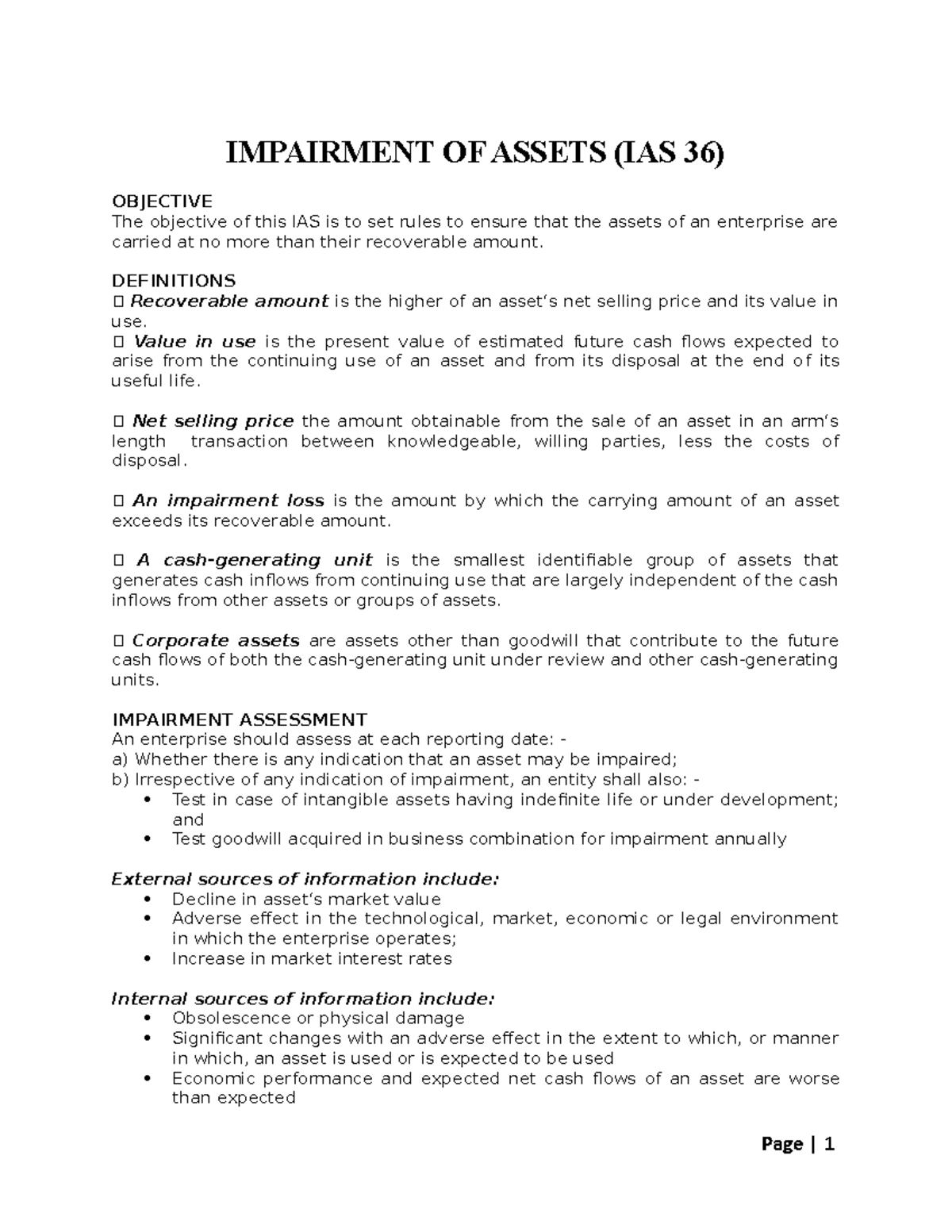 Impairment OF Assets - STANDARDS - IAS 36 - IMPAIRMENT OF ASSETS (IAS ...