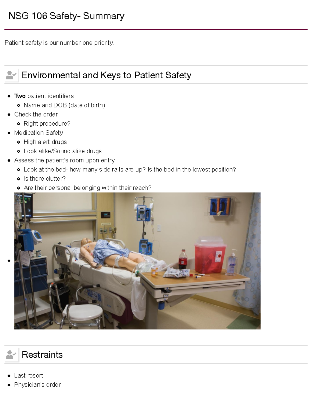 Summary and Overview Pages - NSG 106 Safety- Summary Patient safety is ...