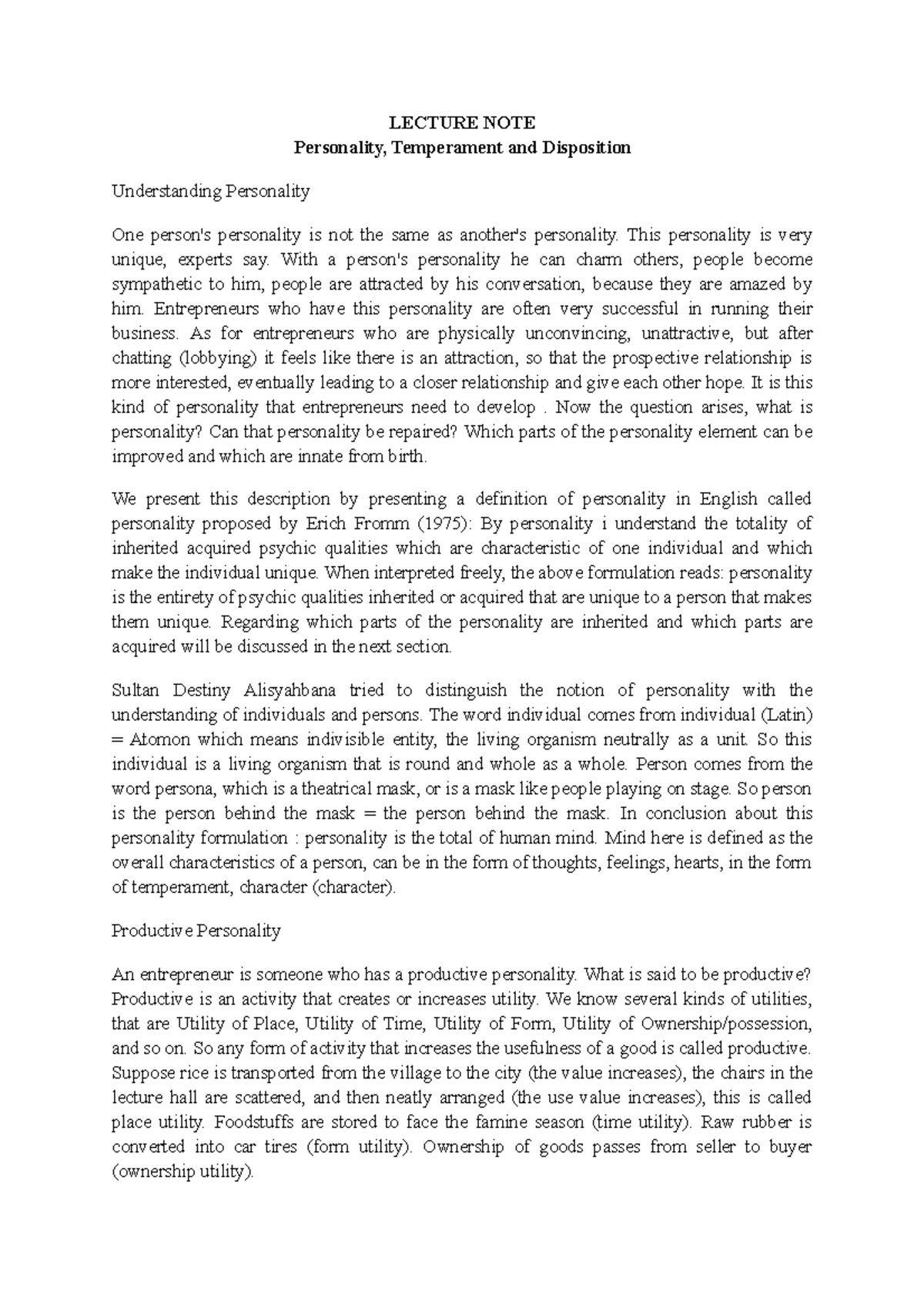 Personality, Temperament and Disposition - LECTURE NOTE Personality ...