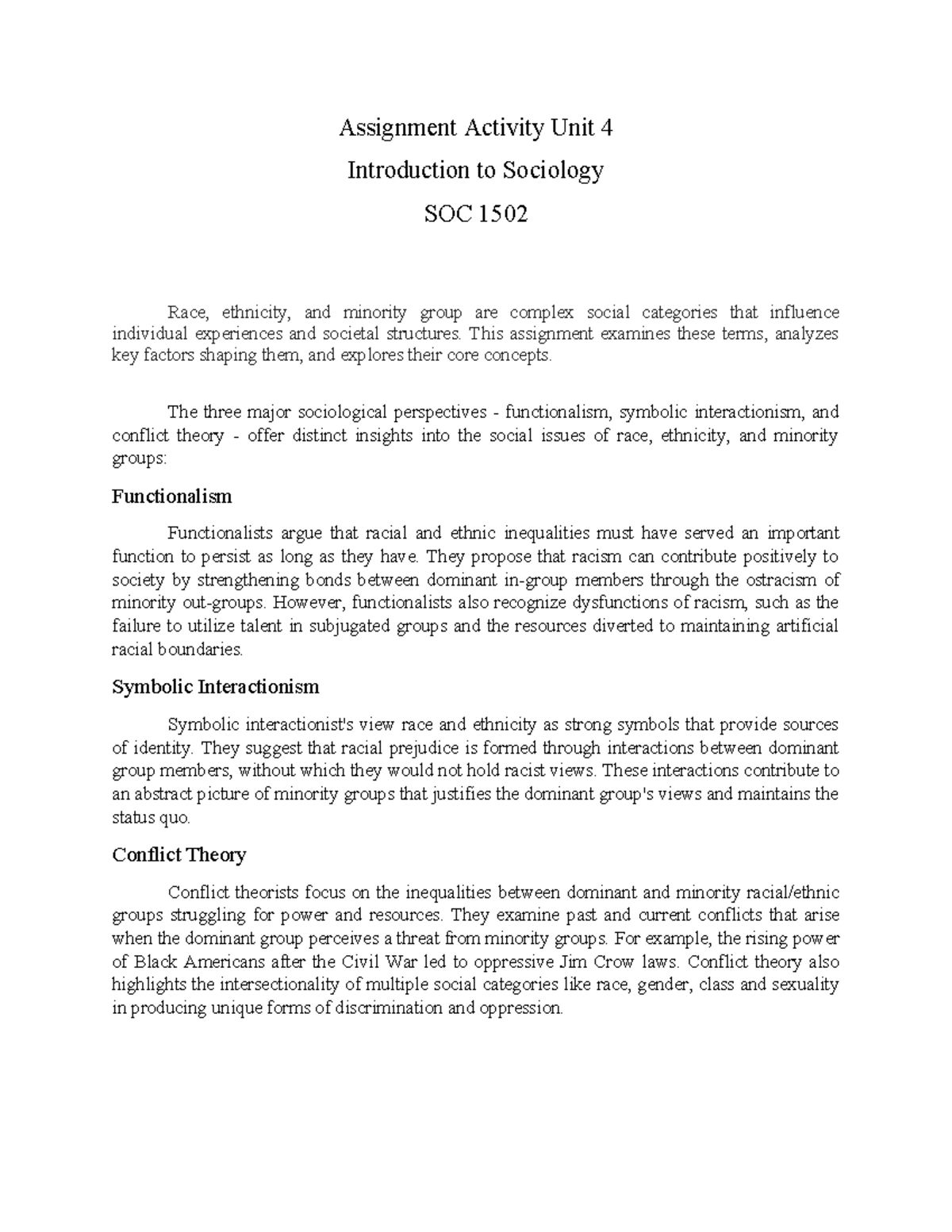 Assignment Activity Unit 4 SOC 1502 - Assignment Activity Unit 4 Introduction to Sociology SOC ...