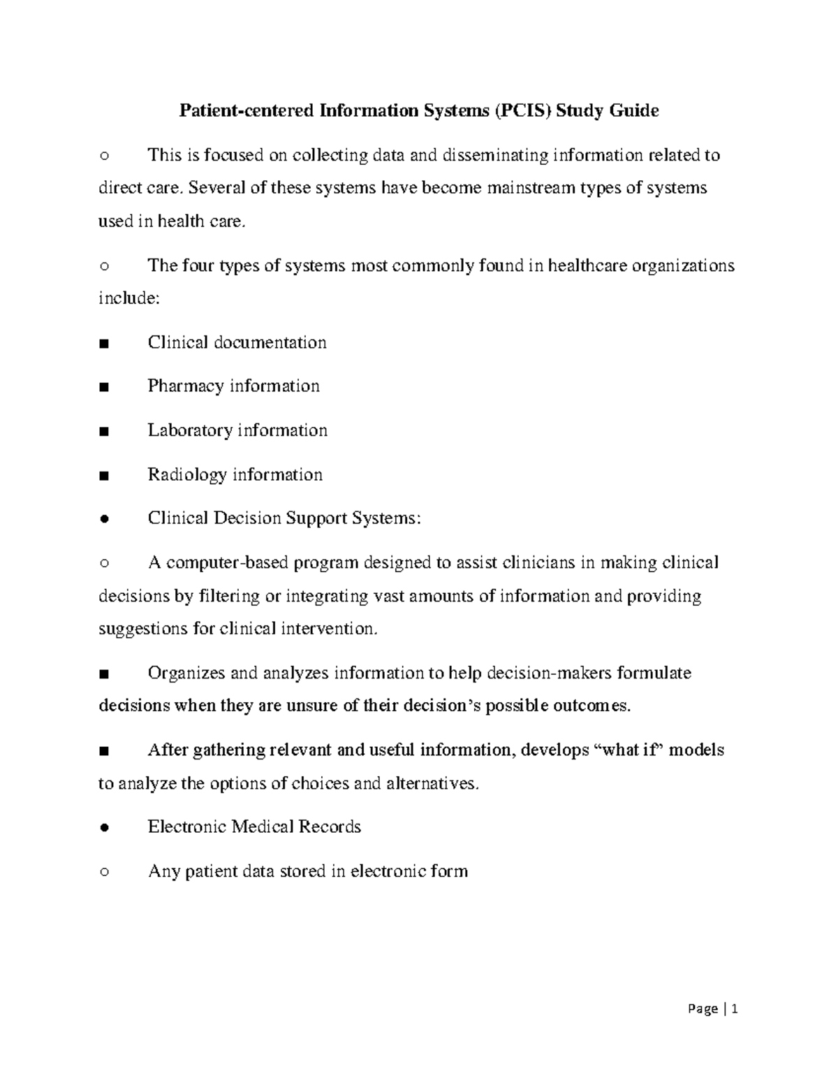 Patient-centered Information Systems (PCIS) Study Guide - Several of ...