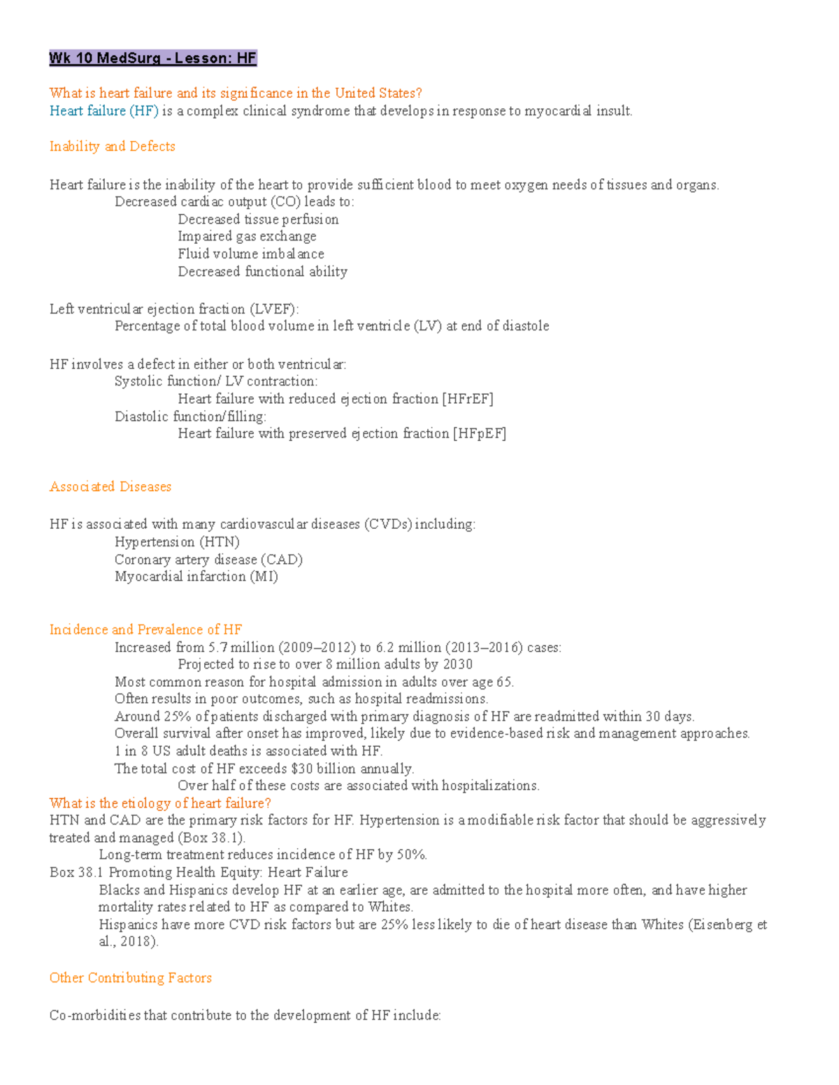 Wk 10 Med Surg - Lesson HF - Wk 10 MedSurg - Lesson: HF What is heart ...