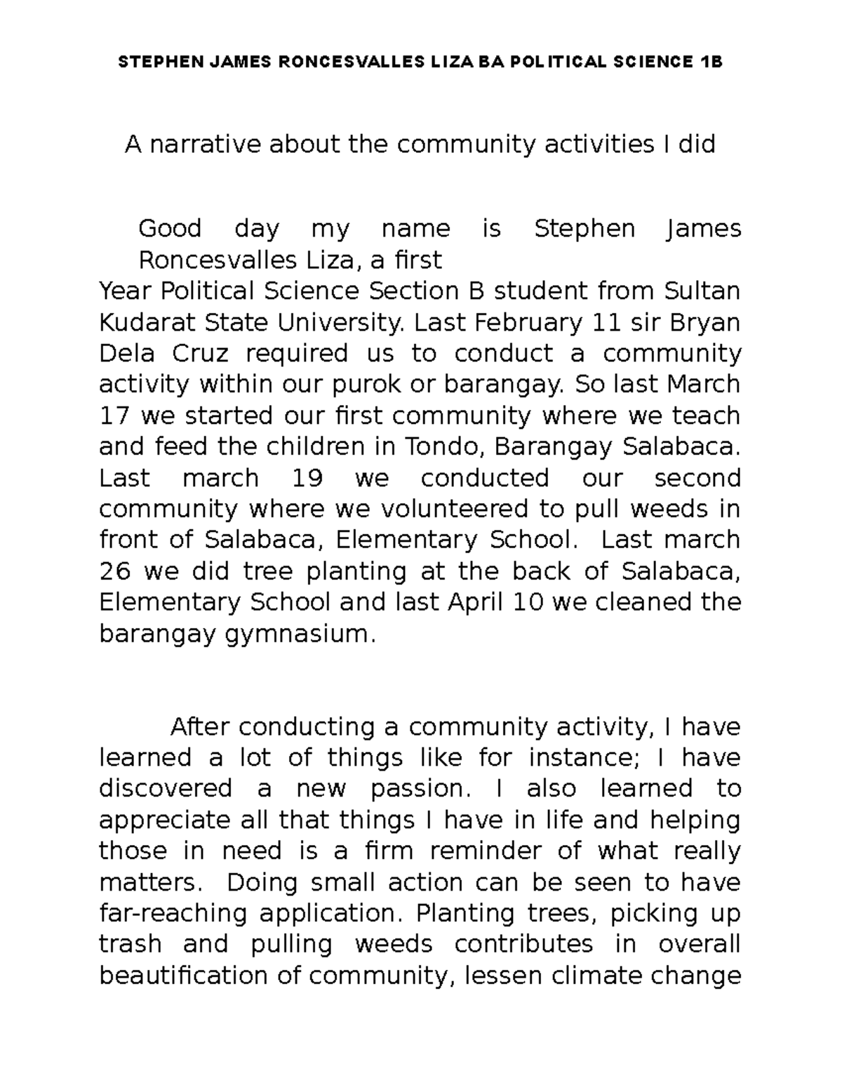 A narrative about the community activities I did - Last February 11 sir ...