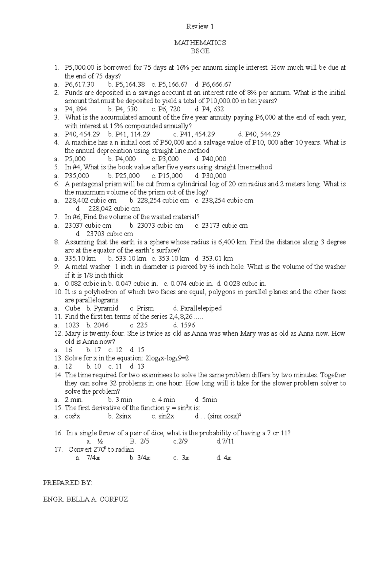 Geodetic Engineering Reviews Mathematics - Review 1 MATHEMATICS BSGE P5 ...
