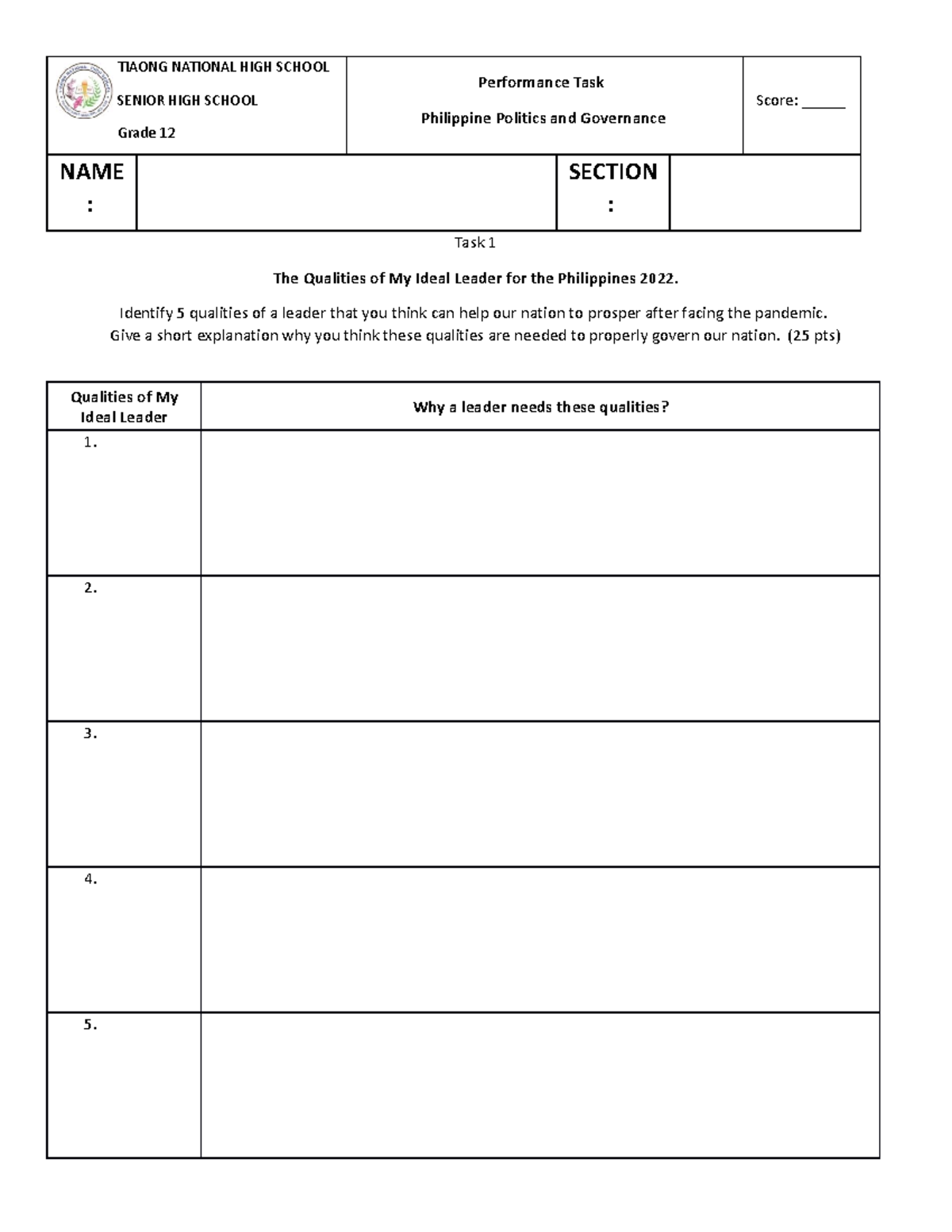 Performance Task PPG - 2nd Quarter - TIAONG NATIONAL HIGH SCHOOL SENIOR ...