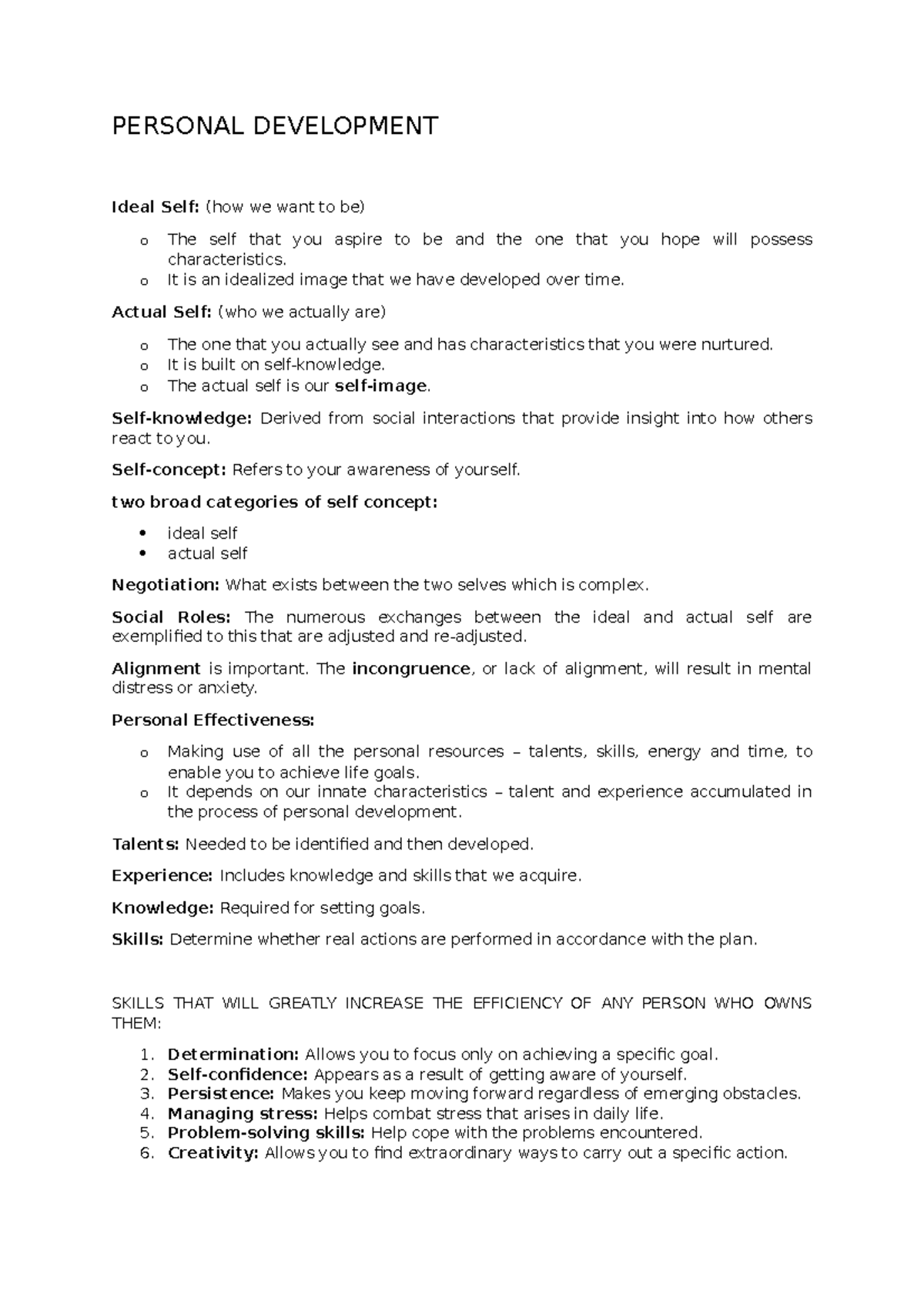 Personal Development Notes - PERSONAL DEVELOPMENT Ideal Self: (how we ...