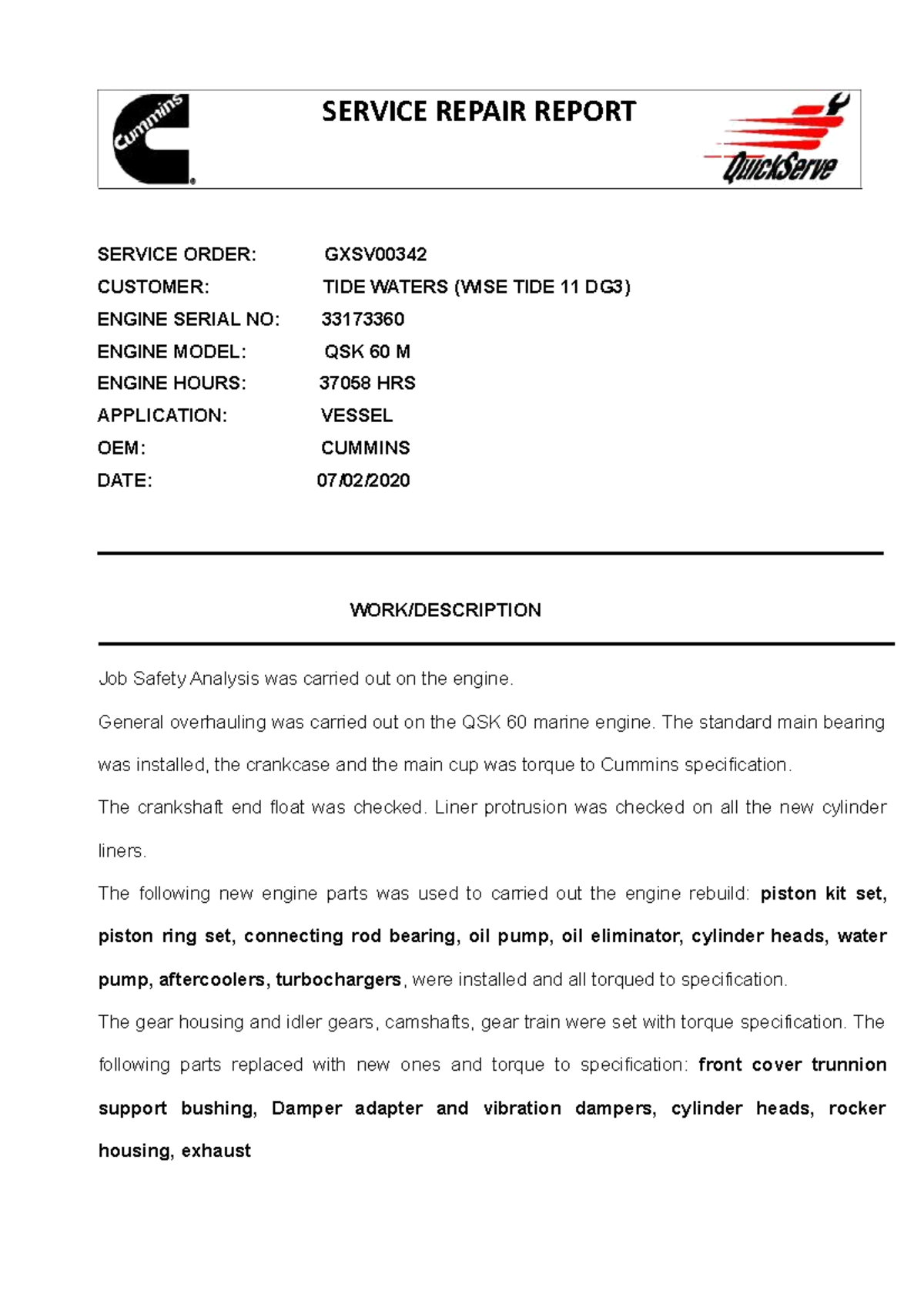Service Report QSK 60( Marine) Fletcher - SERVICE ORDER: GXSV CUSTOMER ...