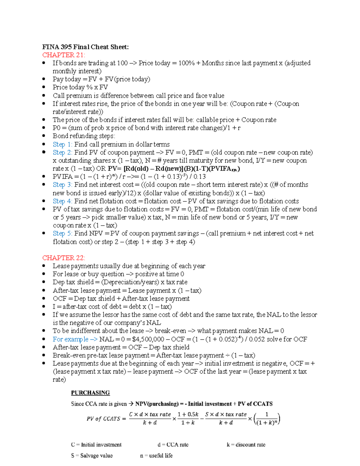 395 Final Cheat Sheet - Summary Theory of Finance II - FINA 395 Final ...