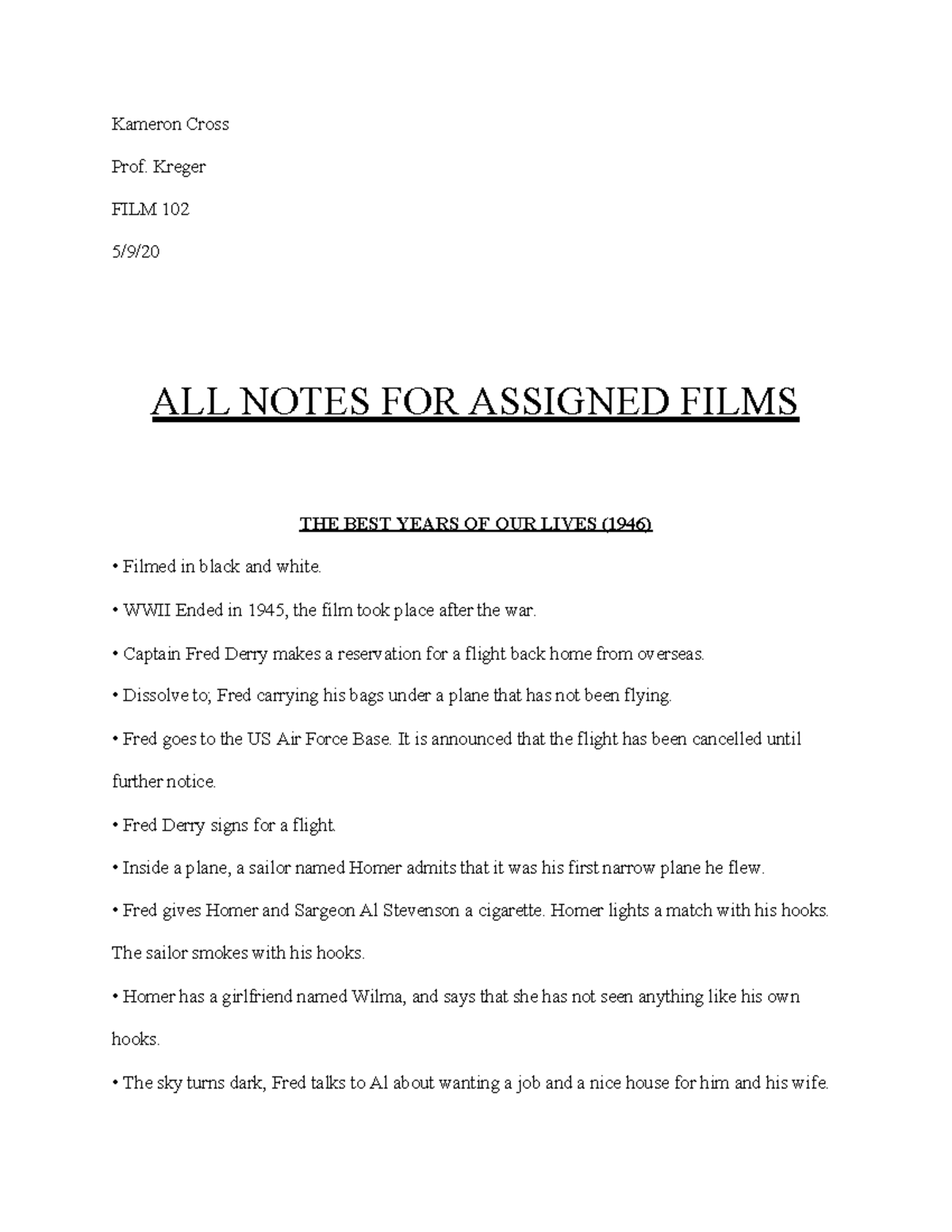 ALL Notes FOR Assigned Films [FILM 102] - Kameron Cross Prof. Kreger ...