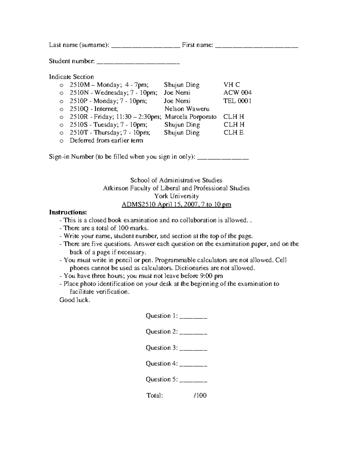 ADMS2510 W07 Final Q A Version 1 Last Name surname 