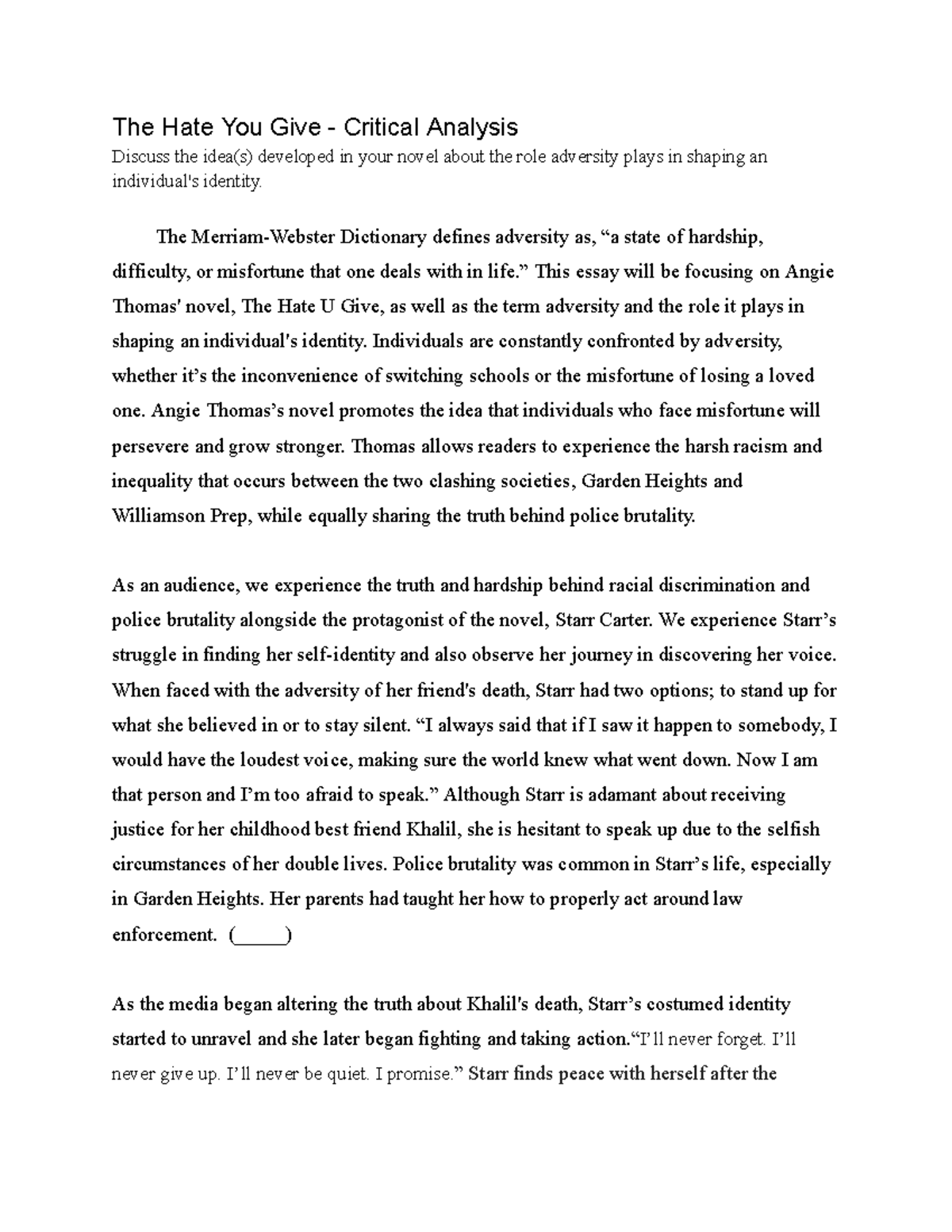 The Hate You Give Essay - The Hate You Give - Critical Analysis Discuss ...