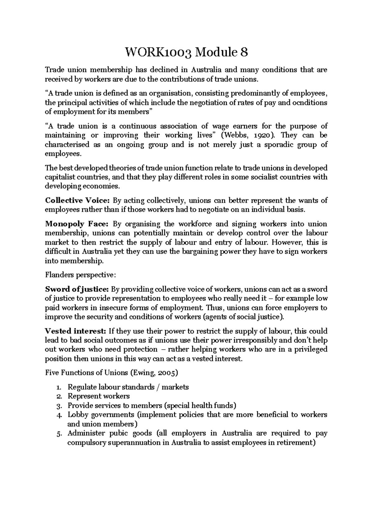 WORK1003 Module 8 Notes - WORK1003 Module 8 Trade union membership has ...