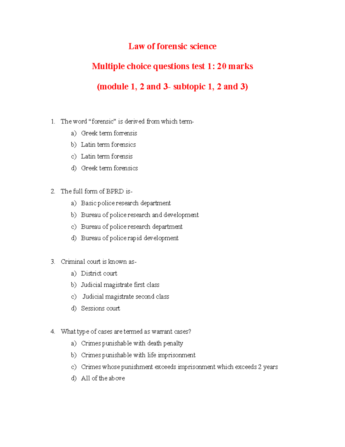 Multiple Choice Questions For Forensic Law Law Of Forensic Science 
