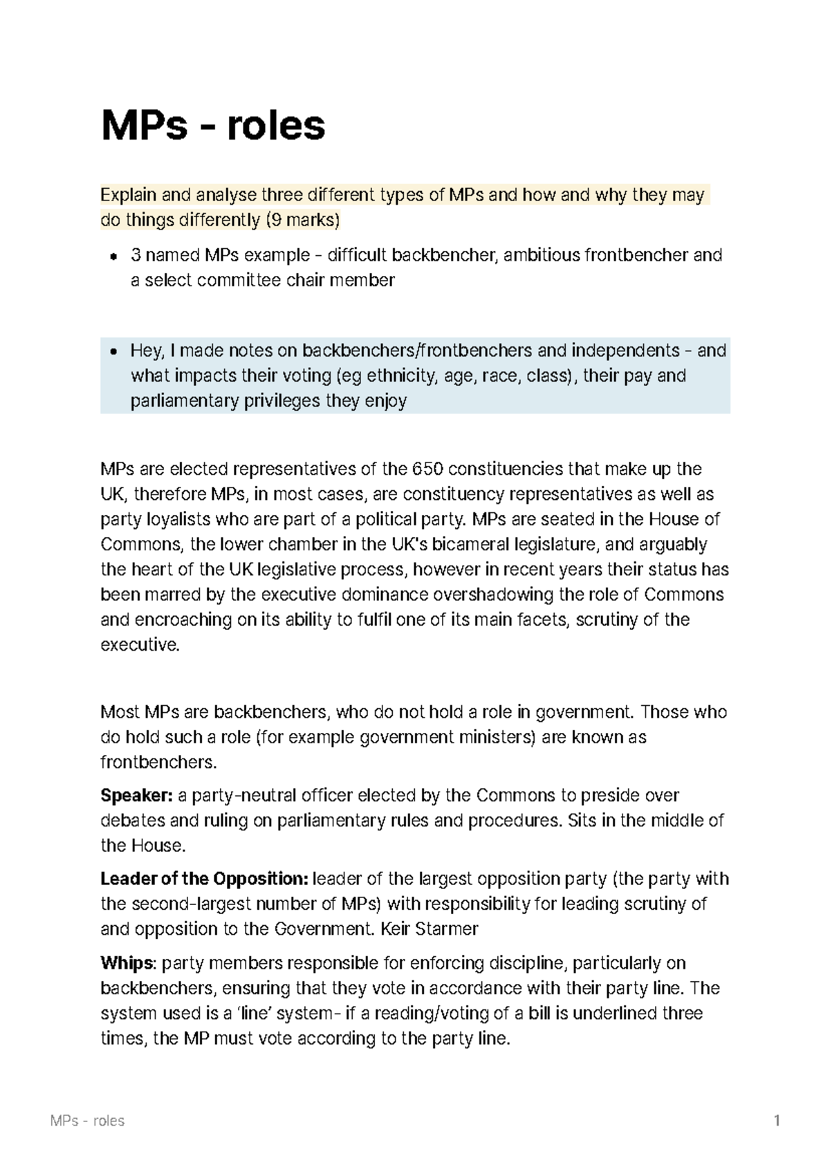 PARLIAMENT - MPS - MPs - roles Explain and analyse three different ...
