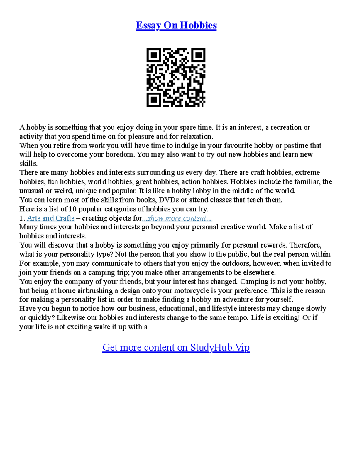 Essay My Favorite Hobby - Essay On Hobbies A hobby is something that ...