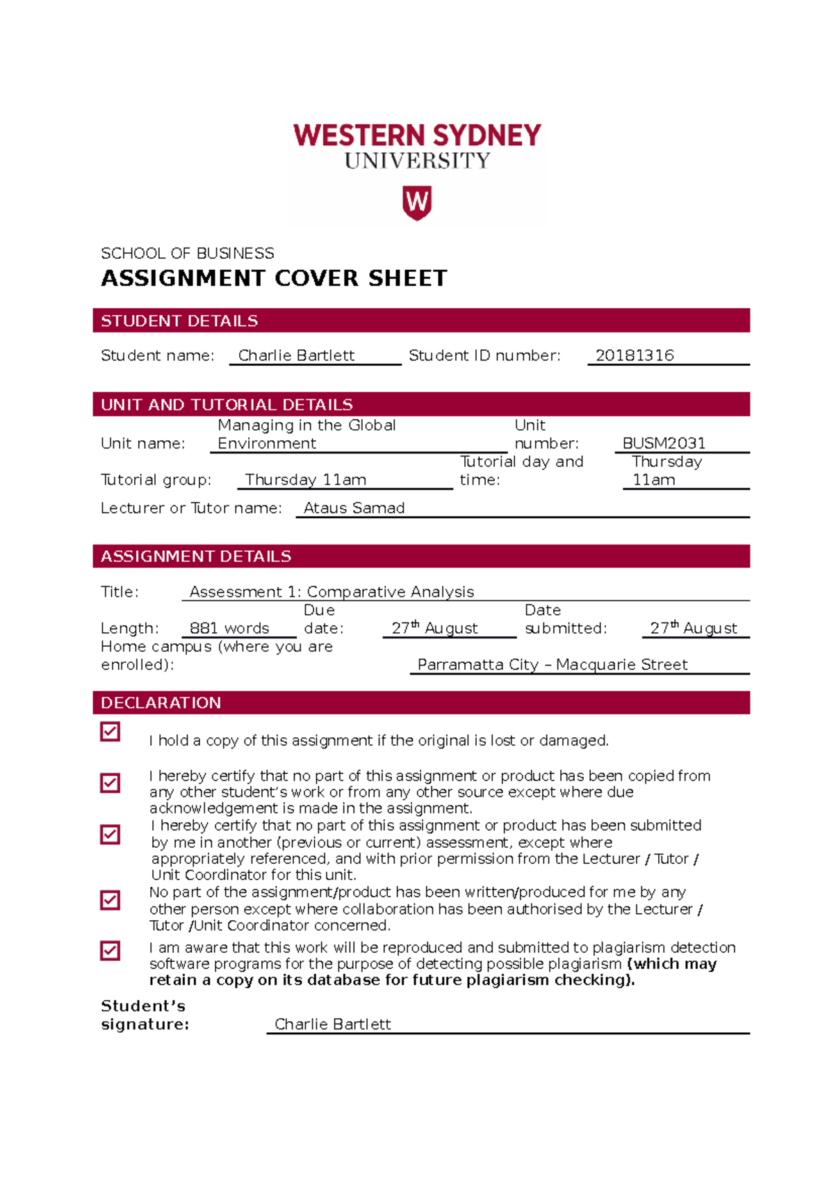 2018 1316 - MGE - Assessment 1 - SCHOOL OF BUSINESS ASSIGNMENT COVER ...