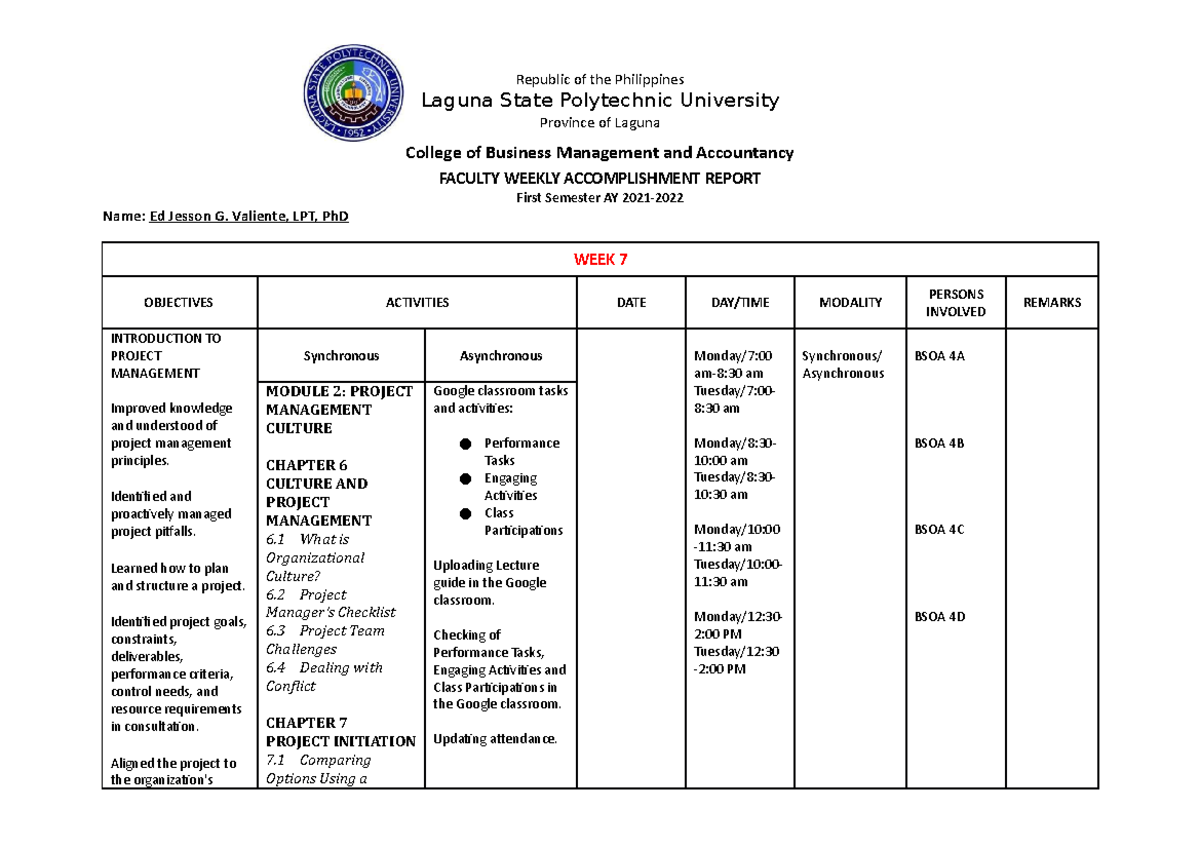 Valiente W7 - Week 7 Accomplishment Report - Laguna State Polytechnic ...