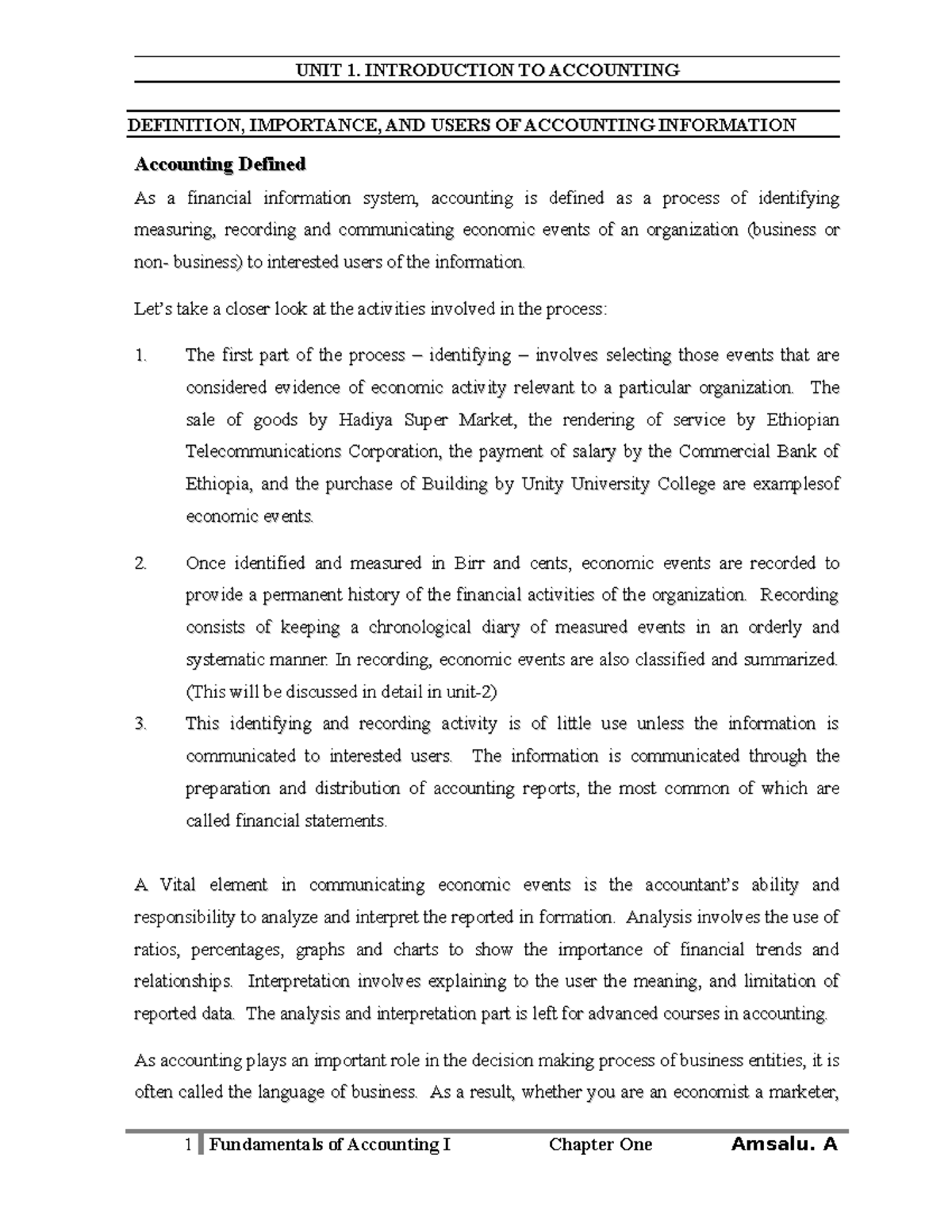 Principle of Accounting 1 - Chapter 1 - UNIT 1. INTRODUCTION TO ...