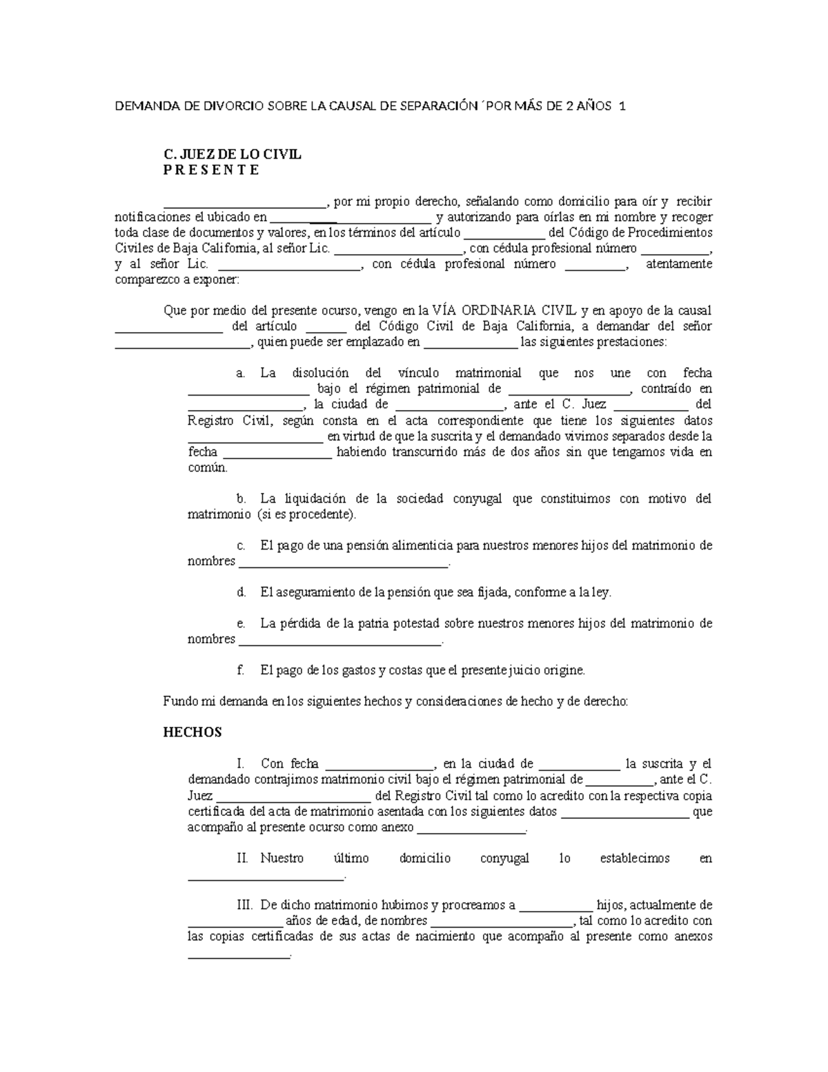 Demanda DE Divorcio Sobre LA Causal DE Separación - DEMANDA DE DIVORCIO ...