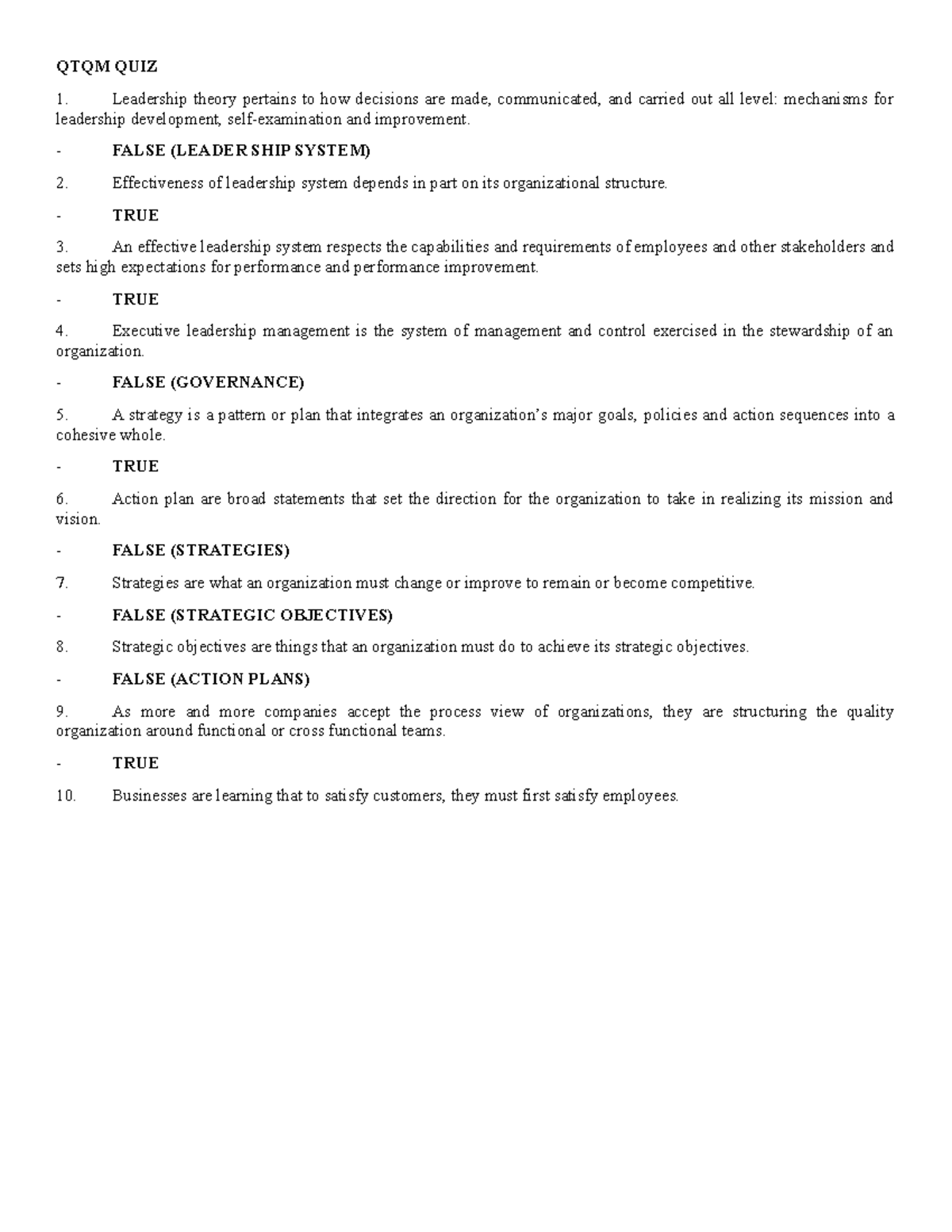 TOTAL QUALITY MANAGEMENT - QTQM QUIZ 1. Leadership theory pertains to ...