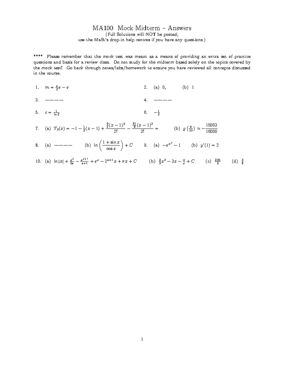 Mock Ma101 Mid W21 ans - MA100 Mock Midterm – Answers (Full Solutions will NOT be posted; use ...