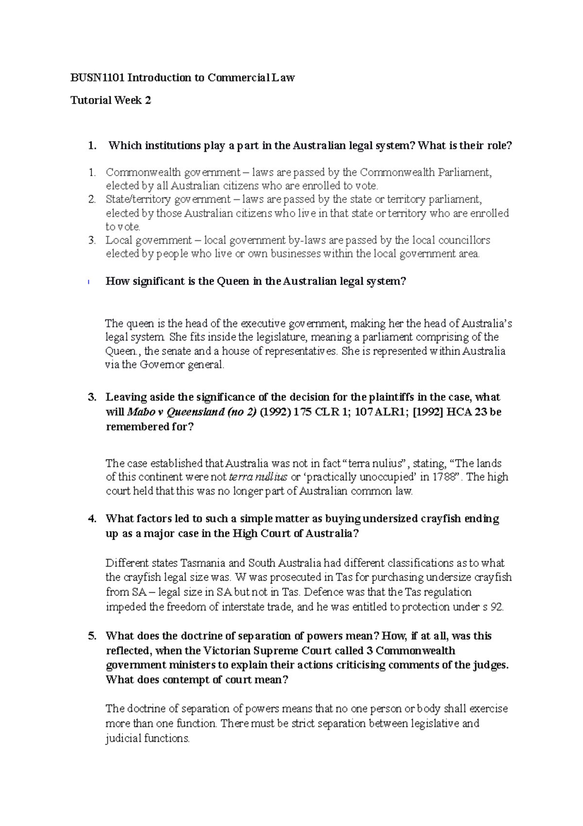 Tutorial 1 (week 2) - yes - BUSN1101 Introduction to Commercial Law Tutorial Week 2 Which - Studocu