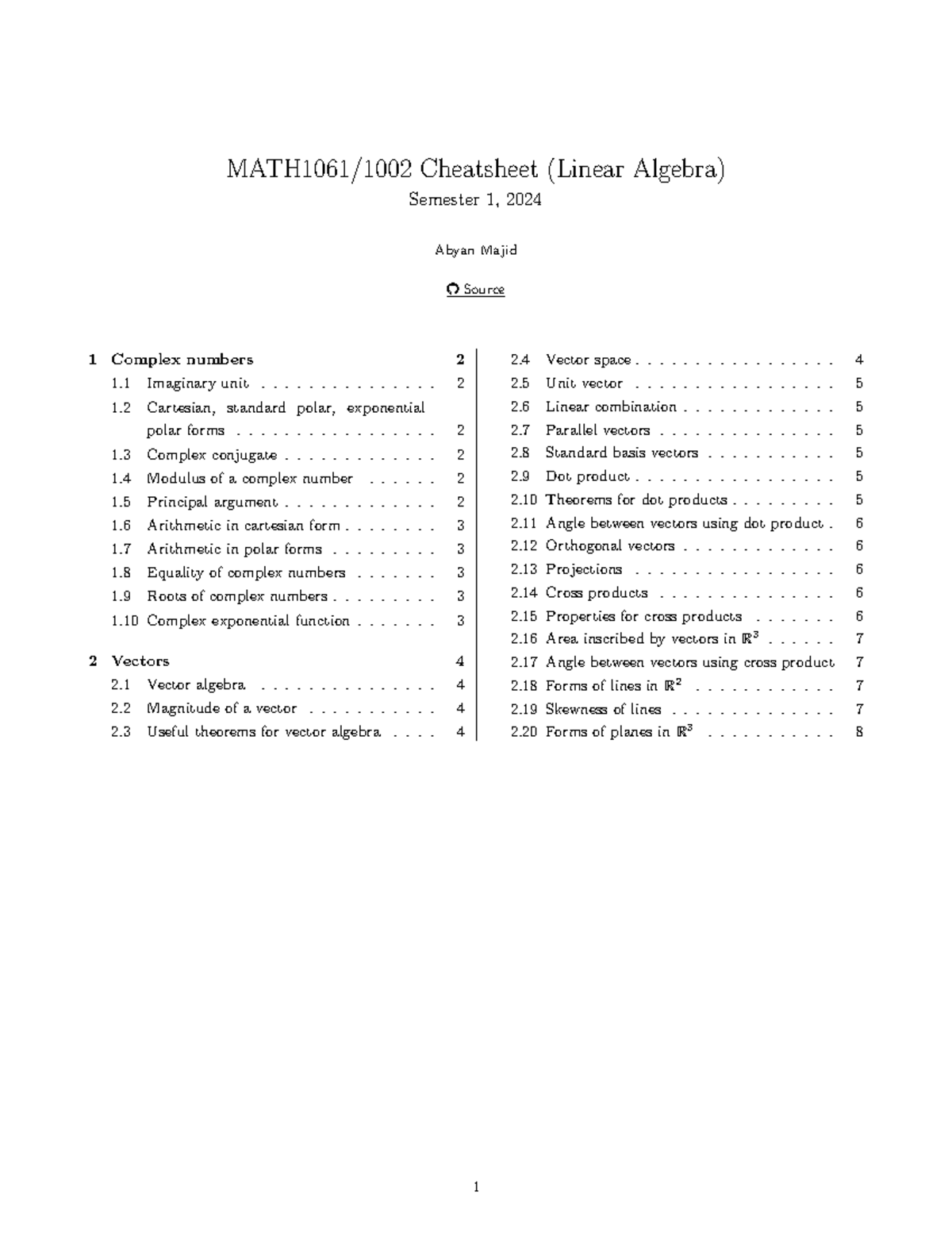 Math1061-algebra-cheatsheet - MATH1061/1002 Cheatsheet (Linear Algebra) Abyan Majid - Semester 1 ...