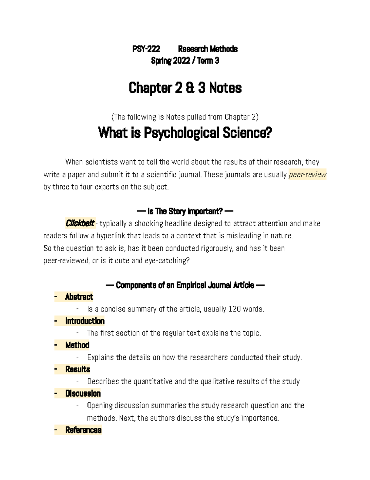 PSY-222 Chapter 2 & 3 notes - PSY-222 Research Methods Spring 2022 ...