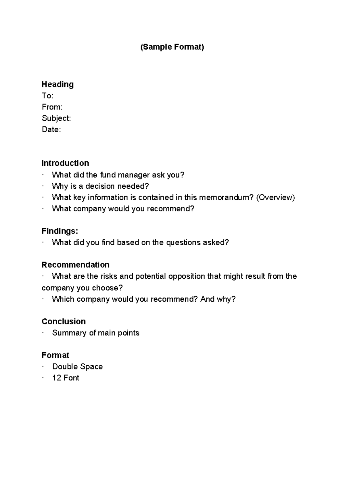 Acc2101 group memo - (Sample Format) Heading To: From: Subject: Date ...