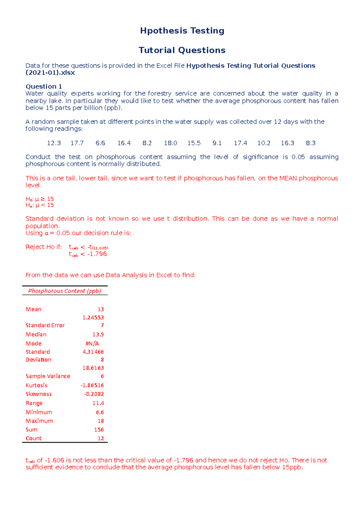 Hypothesis Testing Tutorial Questions (2021-01) - solutions - Hpothesis ...
